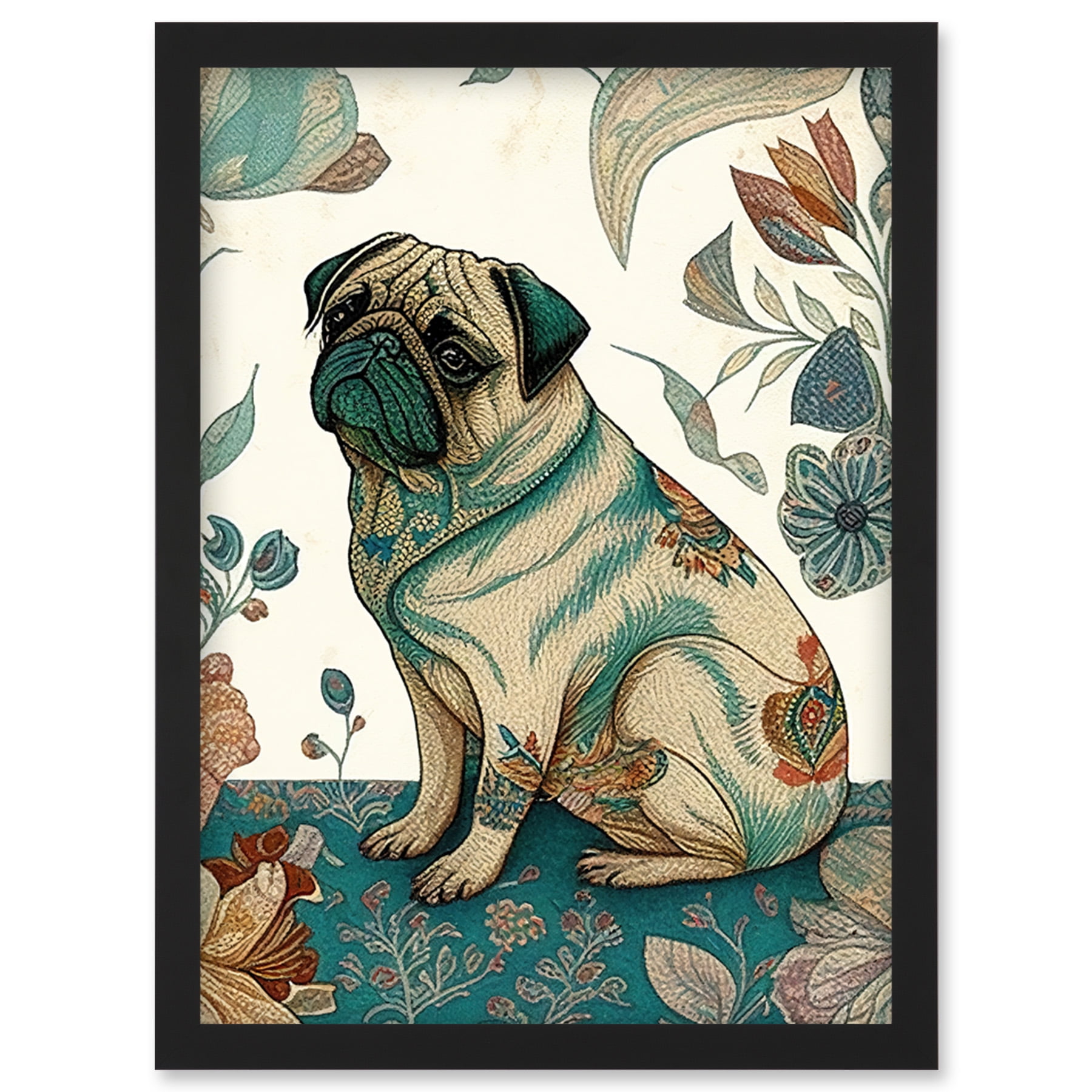 Pug Dog with Floral Patterns Vintage Inspired Multicoloured Linocut ...