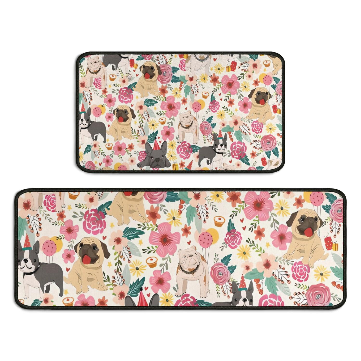 Pug Dogs with Pioneer Flower Kitchen Rugs Sets Of 2,Anti Fatigue ...