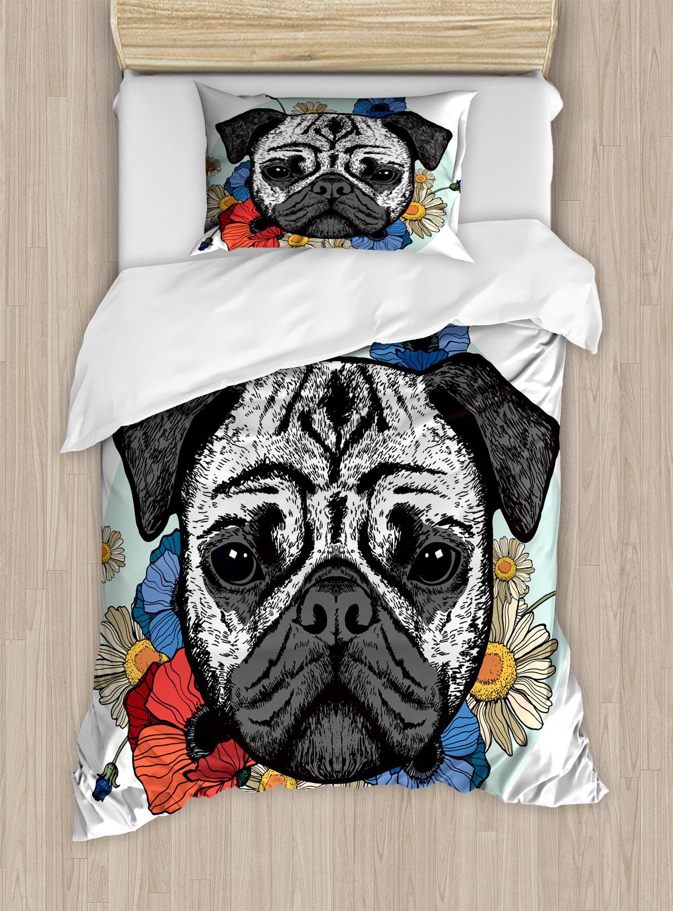 Pug Duvet Cover Set, Black and White Head of a Pug on Floral ...