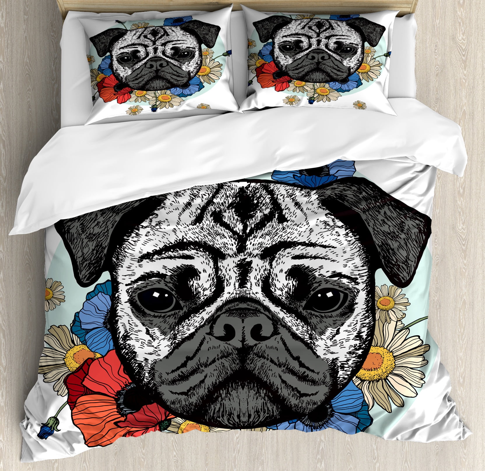 Pug Duvet Cover Set, Black and White Head of a Pug on Floral ...