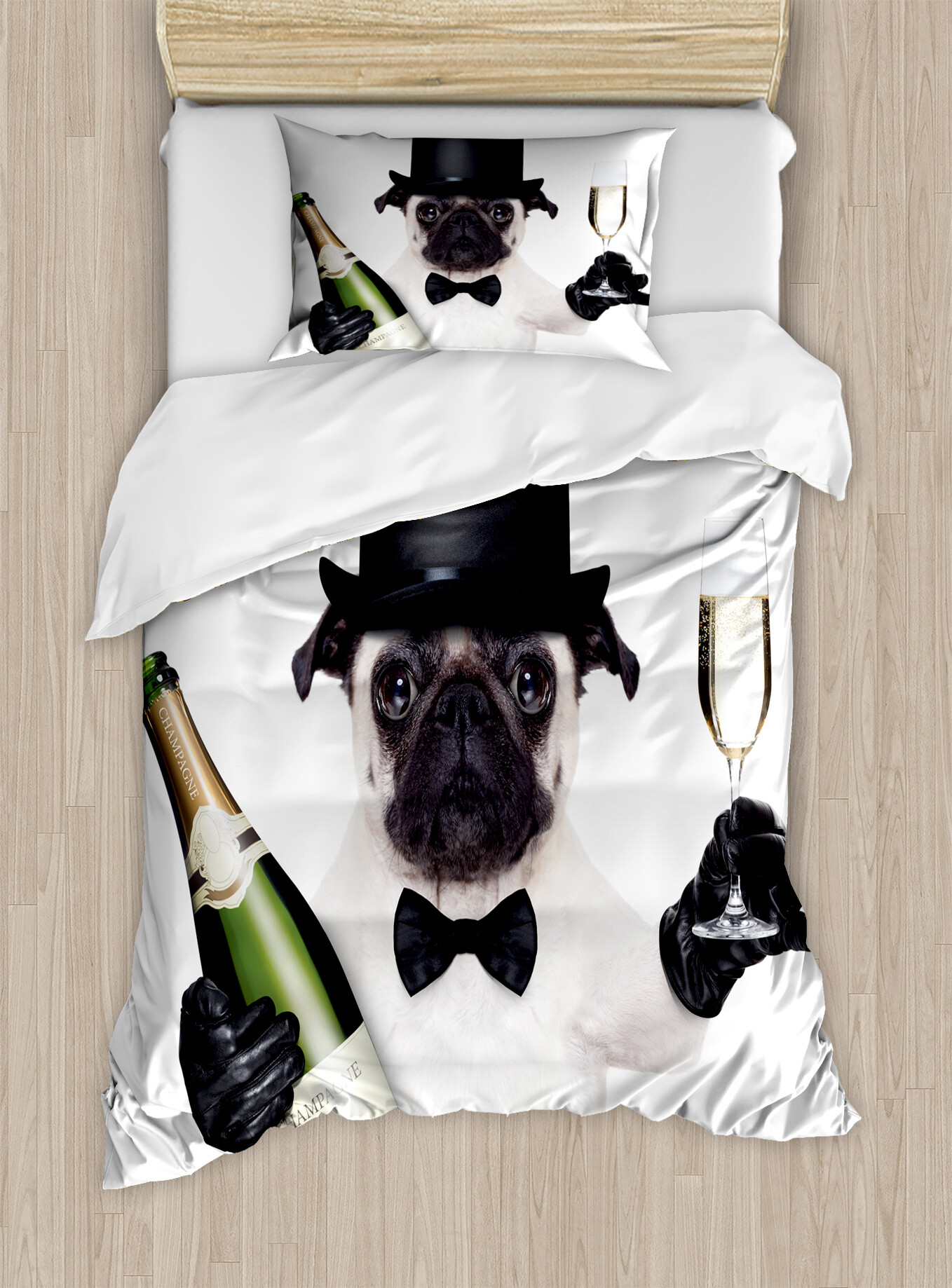Pug Duvet Cover Set, Celebration Dog with Champagne Bottle While ...