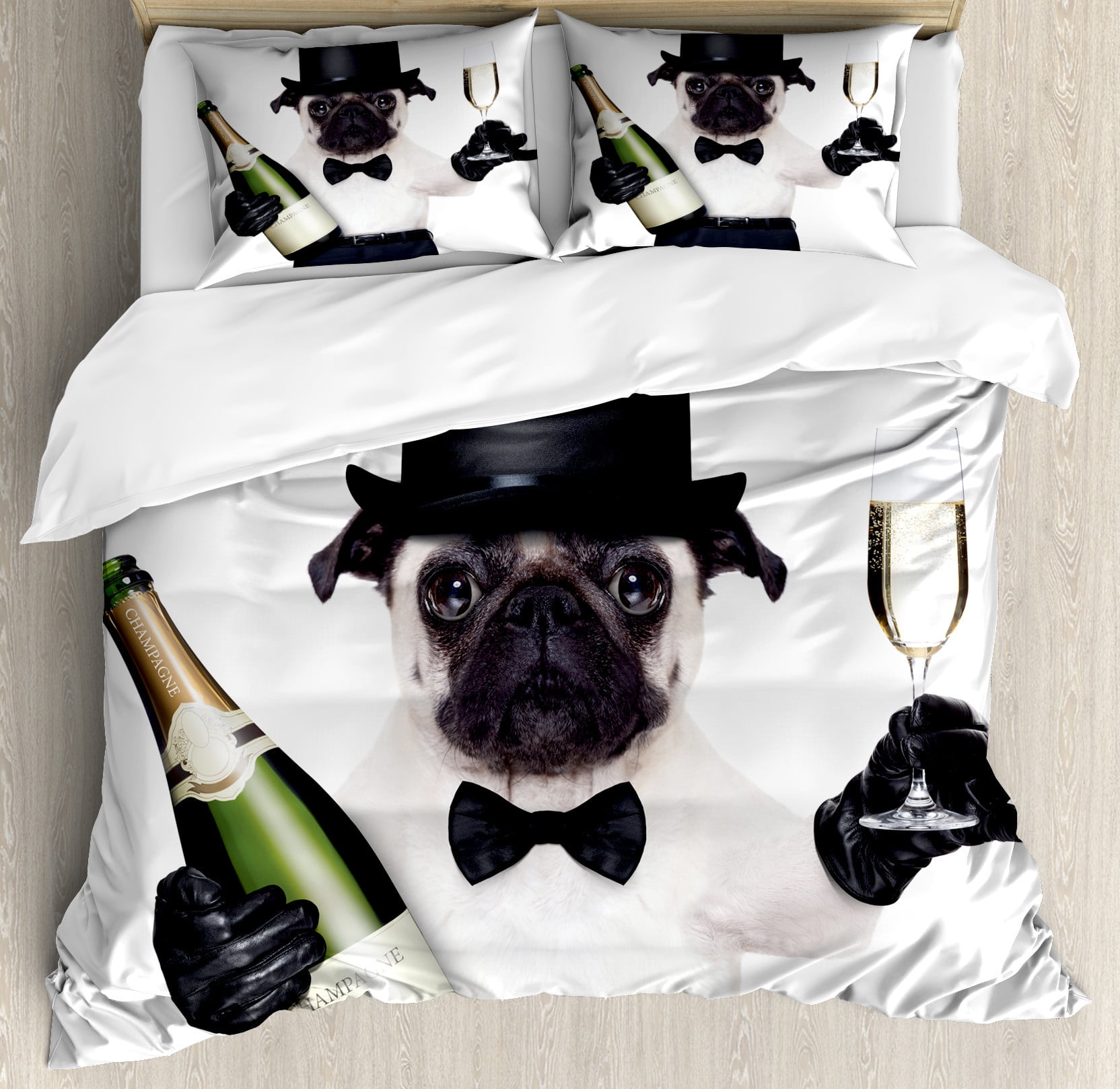 Pug Duvet Cover Set, Celebration Dog with Champagne Bottle While ...