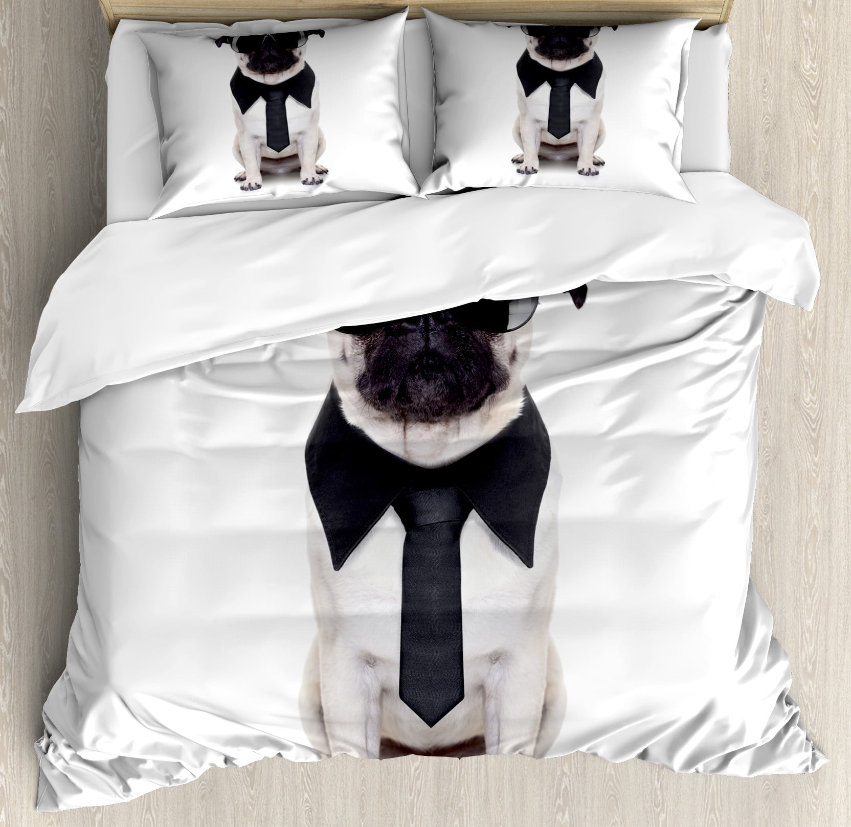 Pug Duvet Cover Set, Cool Looking Dog Tie and Big Black Sunglasses ...