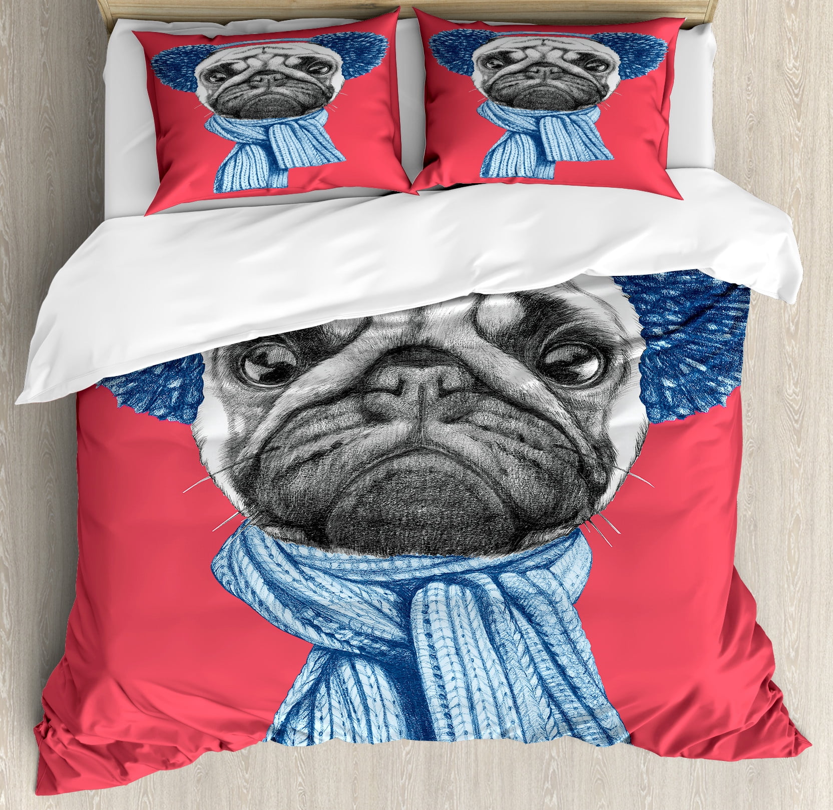 Pug Duvet Cover Set, Detailed Dog Drawing with Scarf Earmuffs on Dark ...