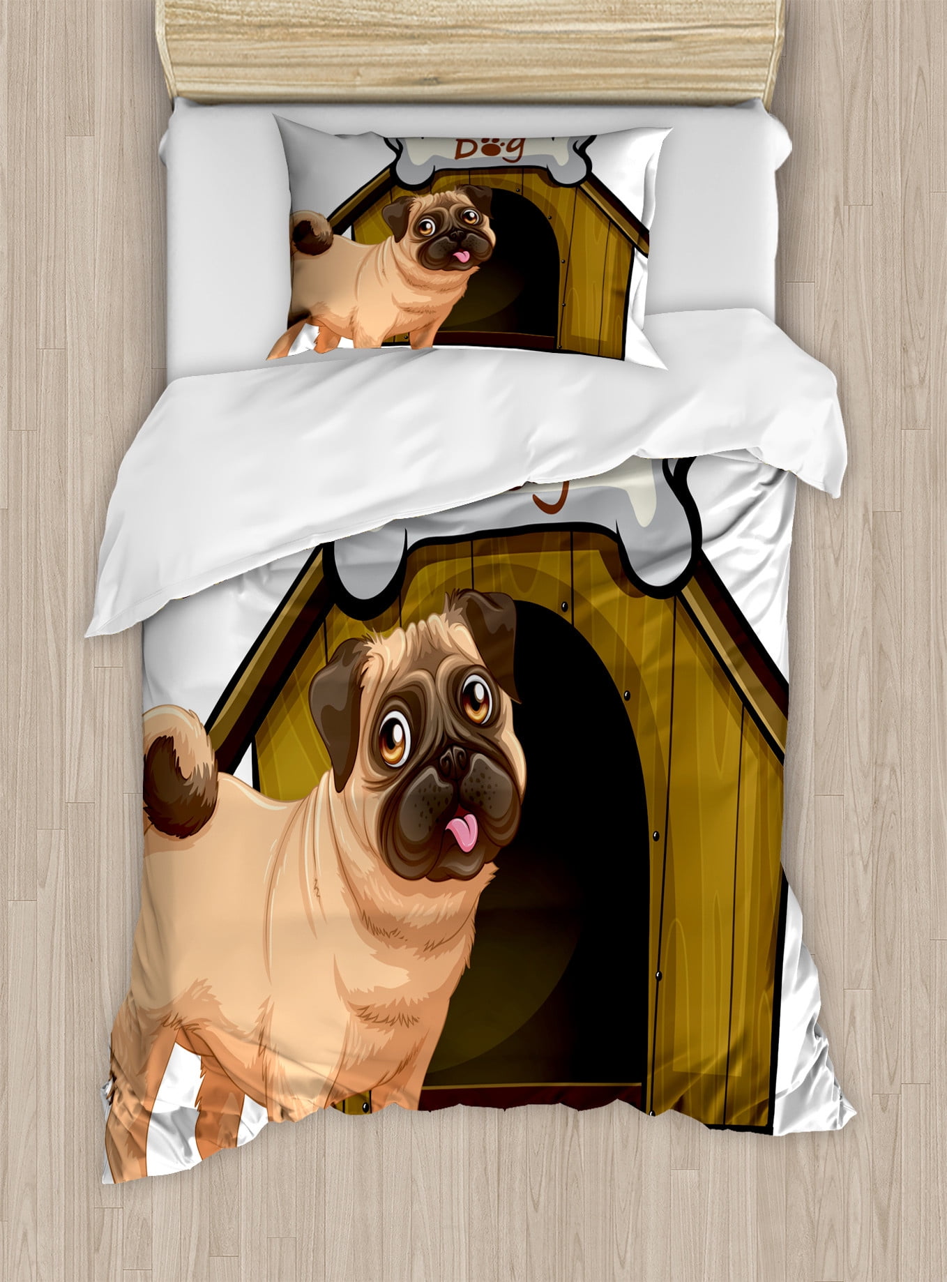 Pug Duvet Cover Set, Dog House with a Pug in Front and a Its Food ...