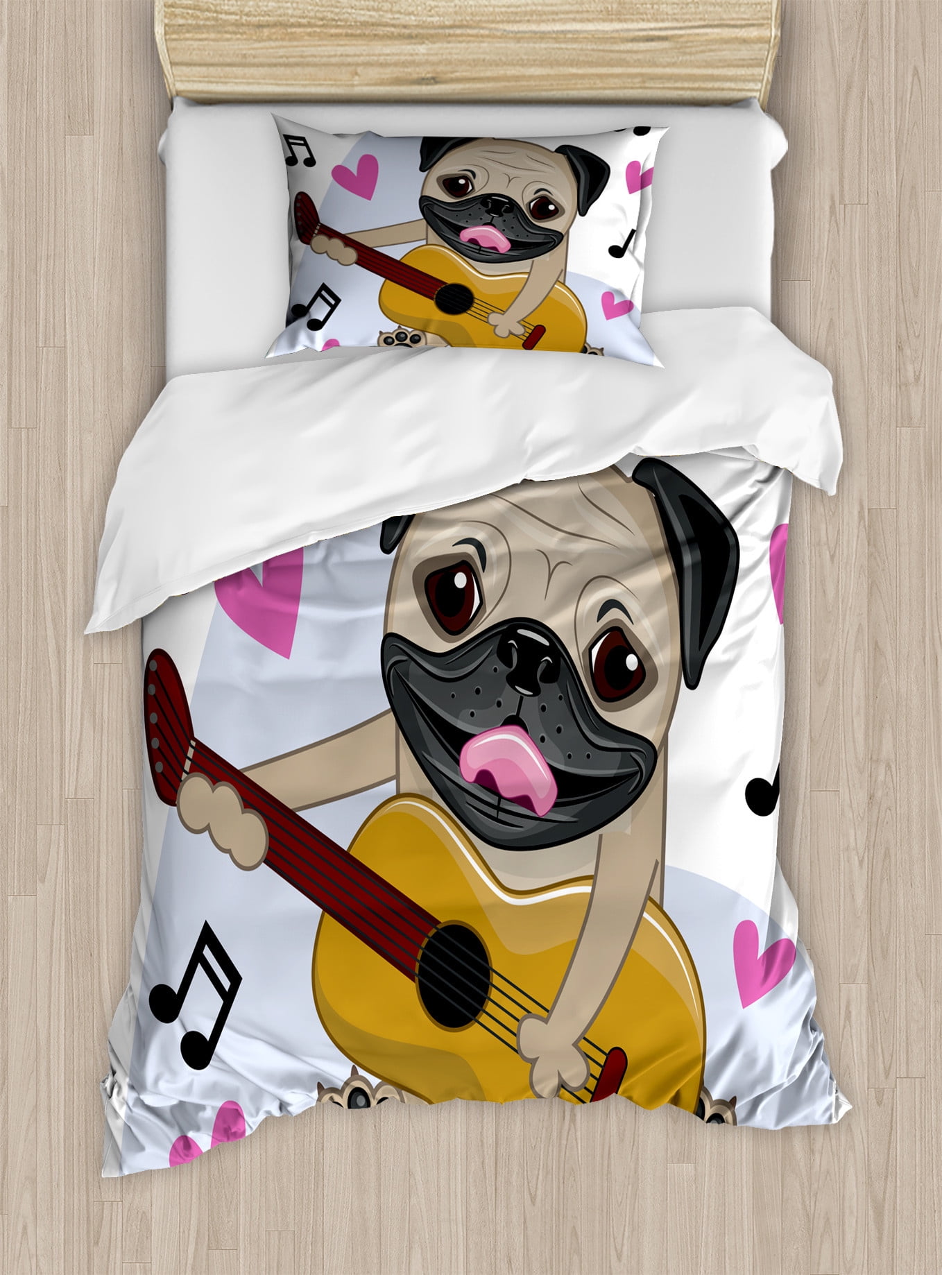 Pug Duvet Cover Set, Pug Dog Playing Guitar Singing with Pink Hearts ...