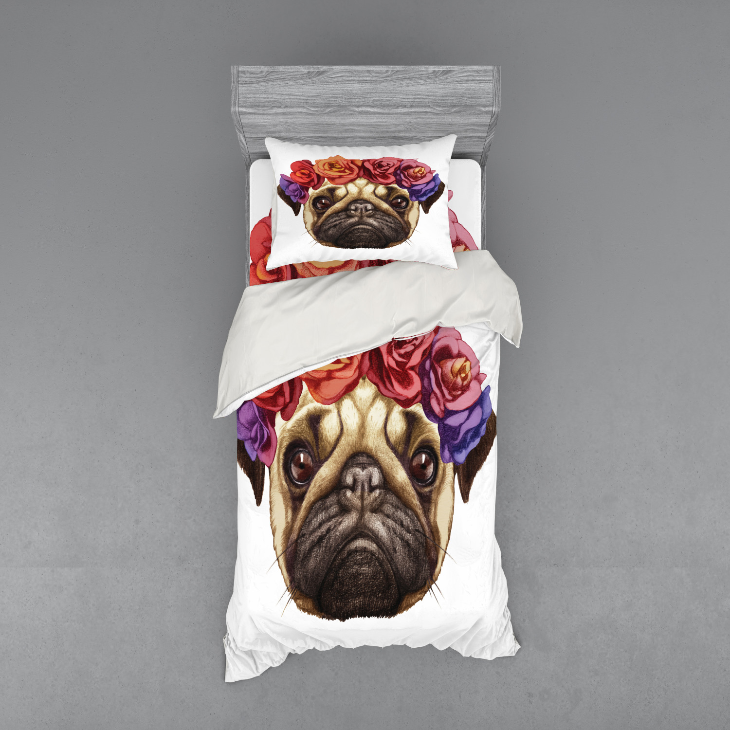 Pug Duvet Cover Set, Floral Head Wreath on Head of Pug Hand Drawn Dog ...