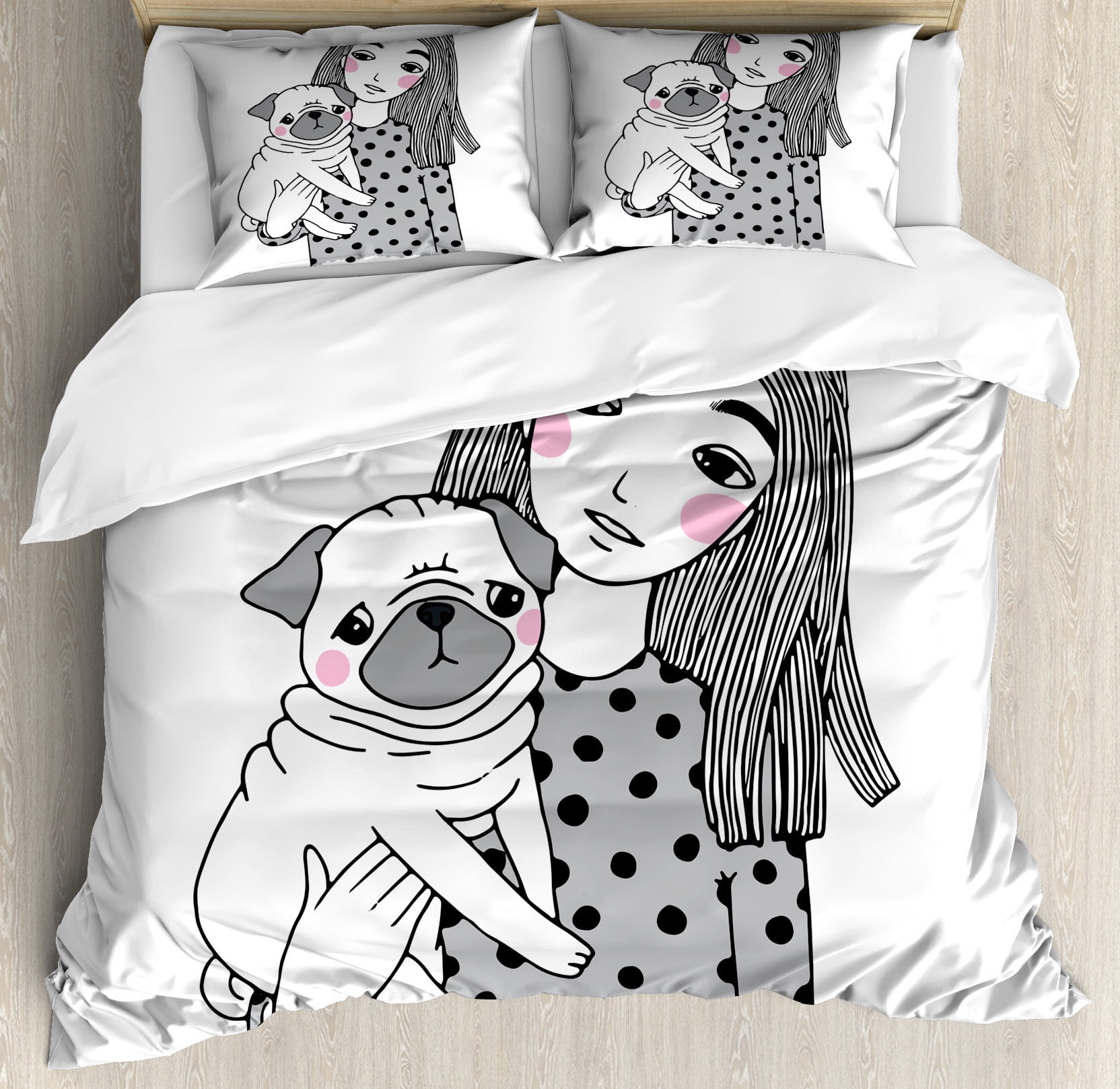 Pug Duvet Cover Set, Girl Holding Her Pug Sad Looking Animal Affection ...