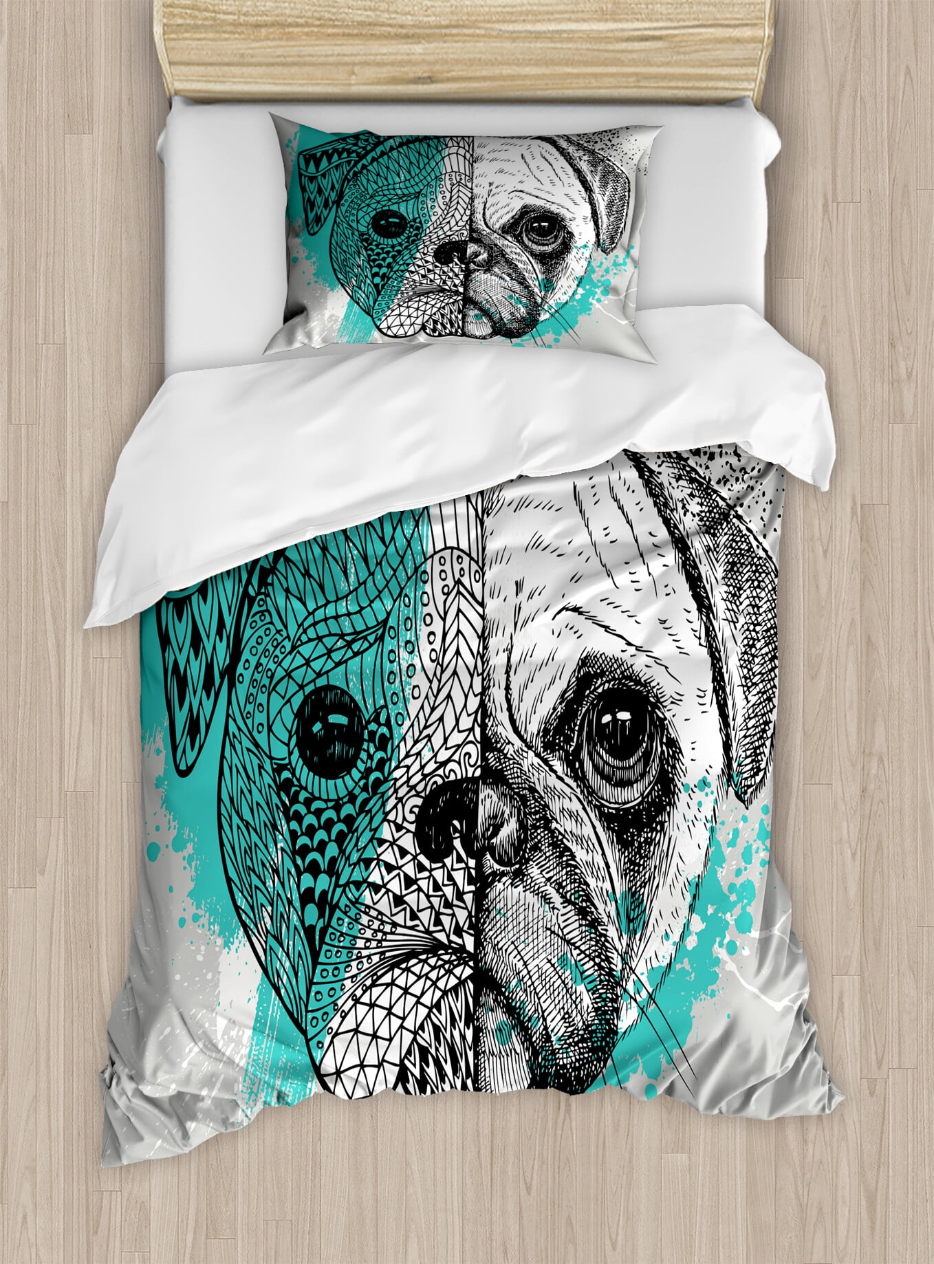 Pug Duvet Cover Set, Hand Drawn Head of a Dog Blue Splashed Backdrop 2 ...