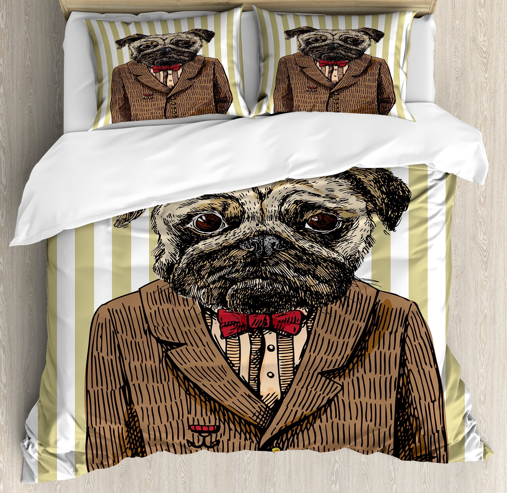 Pug Duvet Cover Set, Hand Drawn Sketch of Smart Dressed Dog Jacket ...