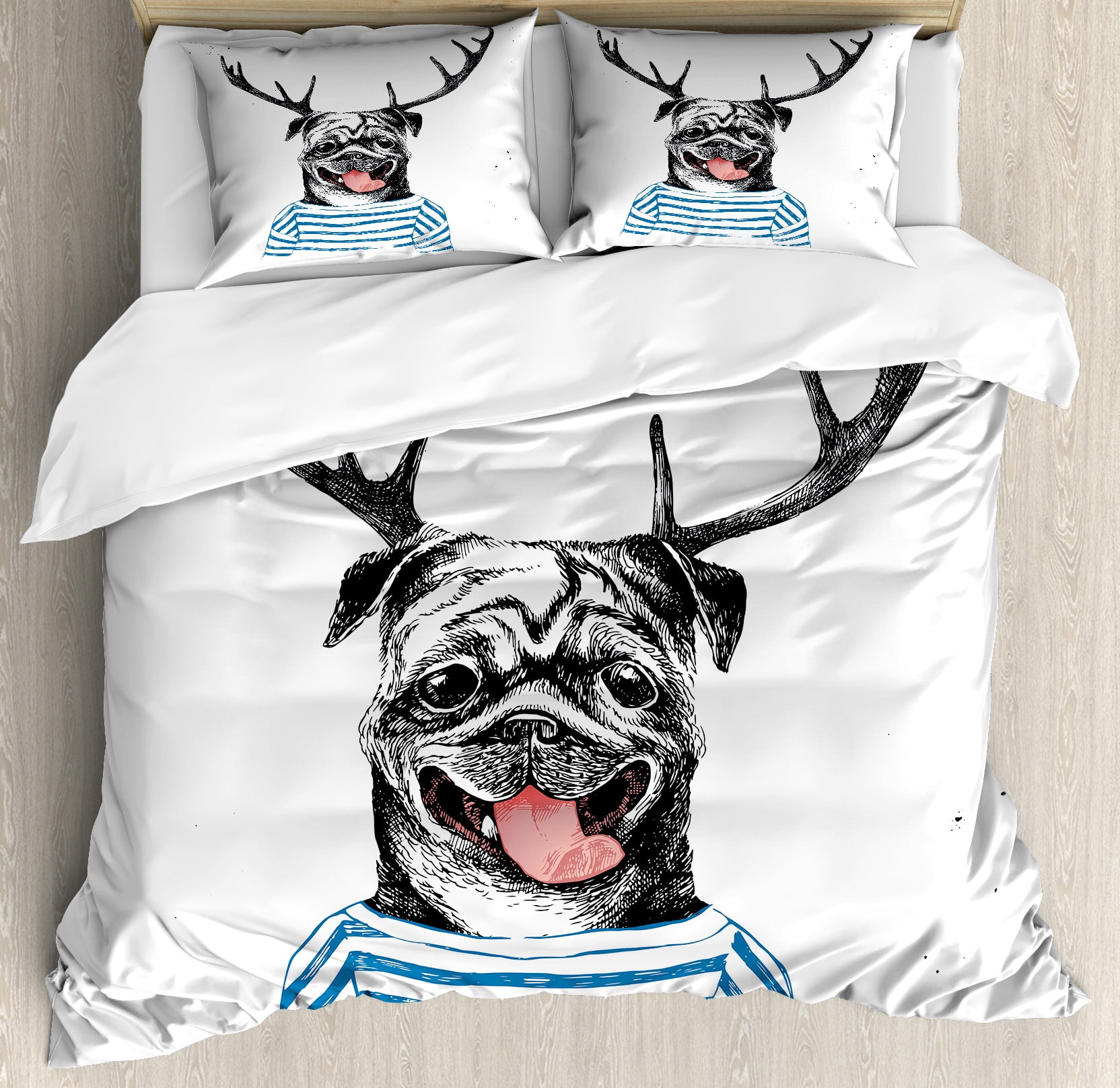 Pug Duvet Cover Set, Hipster Dog with Antlers Hand Drawn Surreal Funny ...