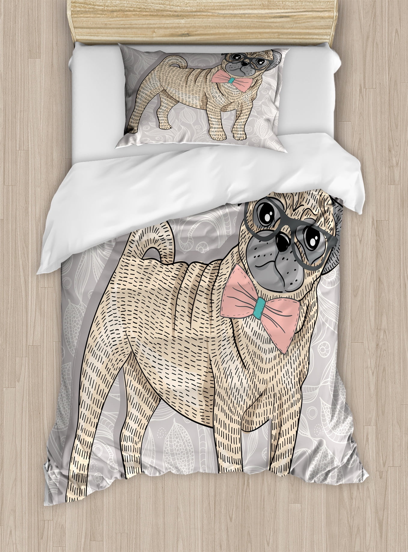 Pug Duvet Cover Set, Hipster Pug with Nerdy Glasses and Bow Tie Cartoon ...
