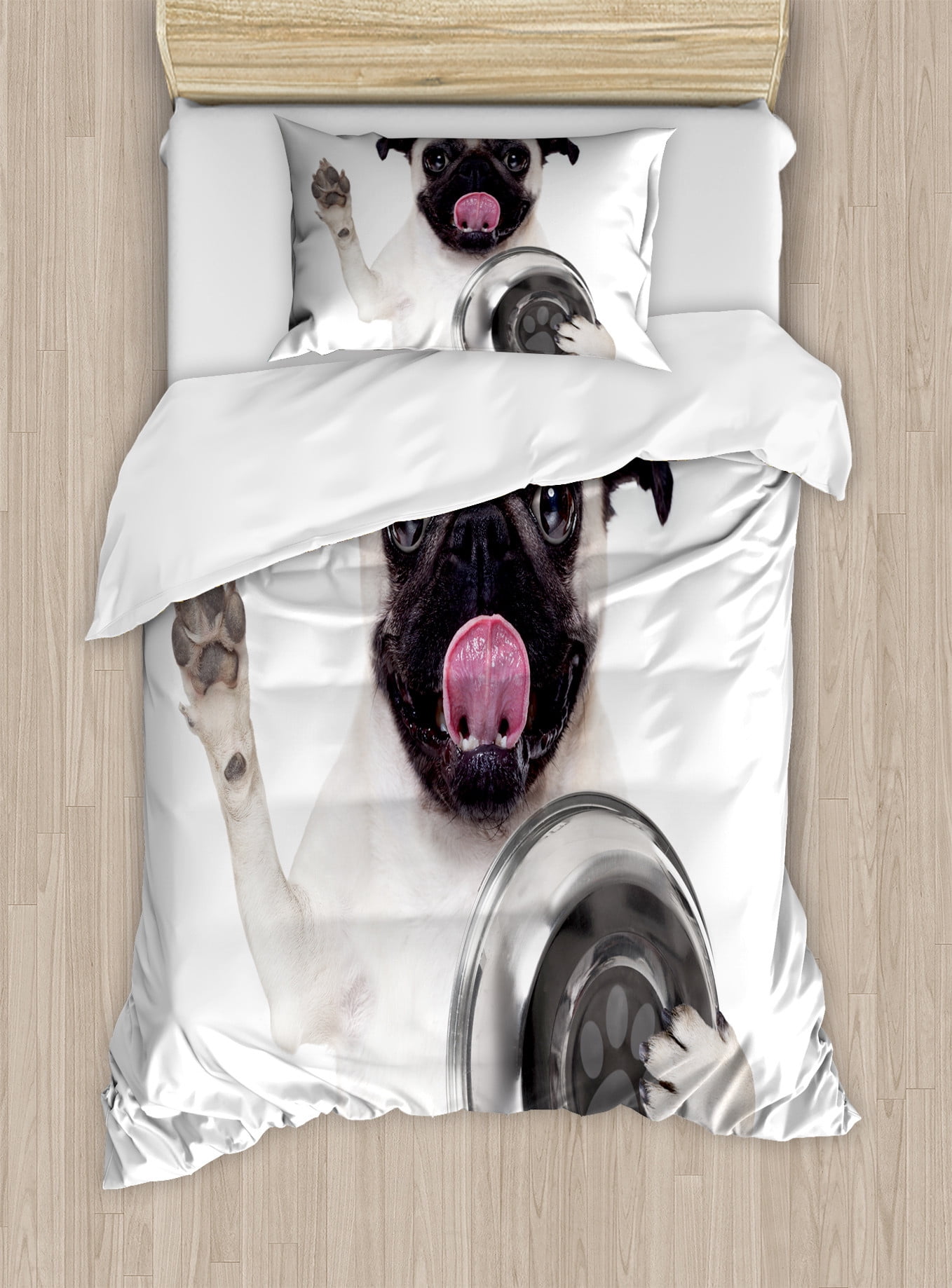 Pug Duvet Cover Set, Pug Holding Food Bowl and Licking Its Lips Hunger ...