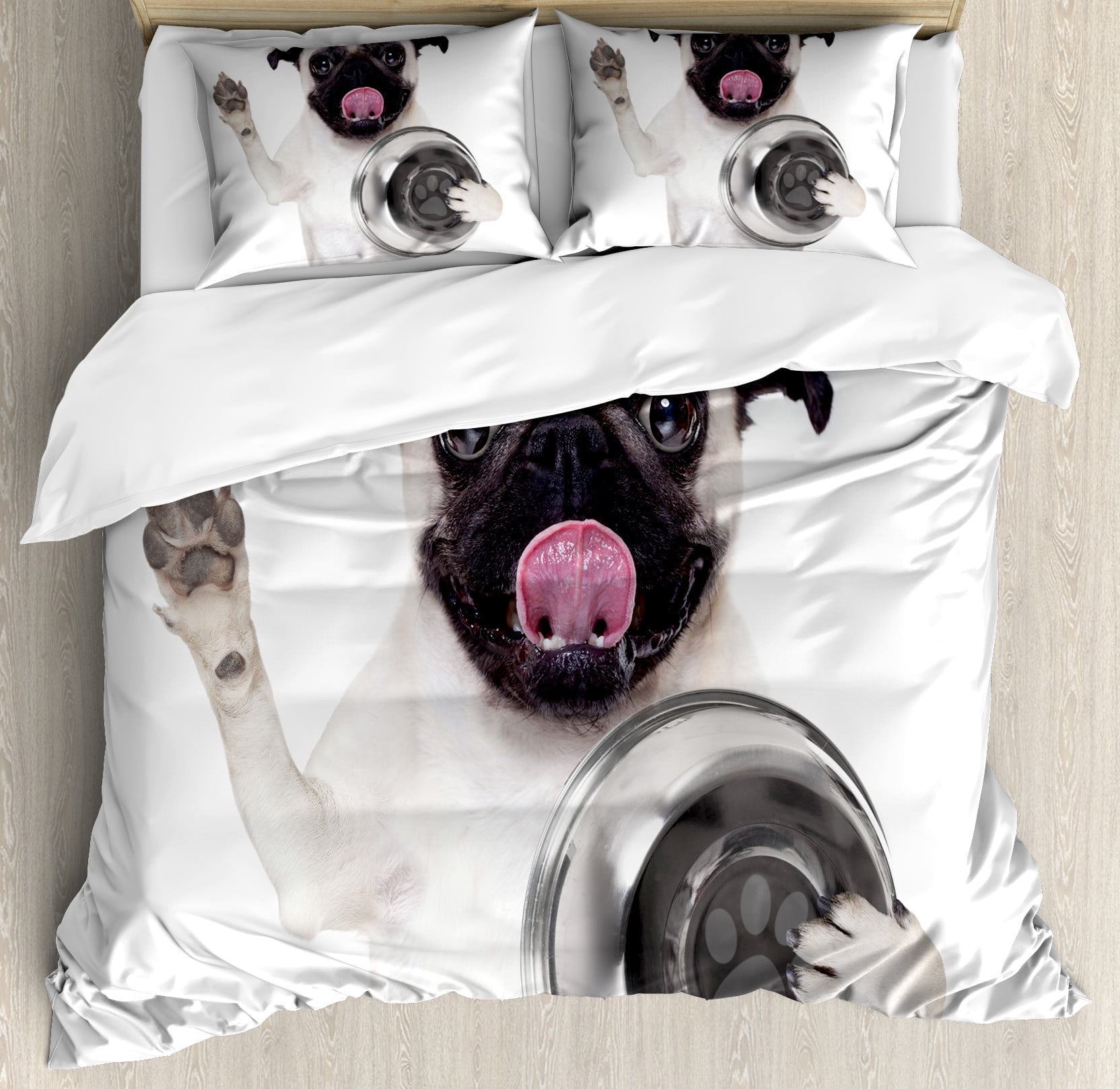 Pug Duvet Cover Set, Pug Holding Food Bowl and Licking Its Lips Hunger ...