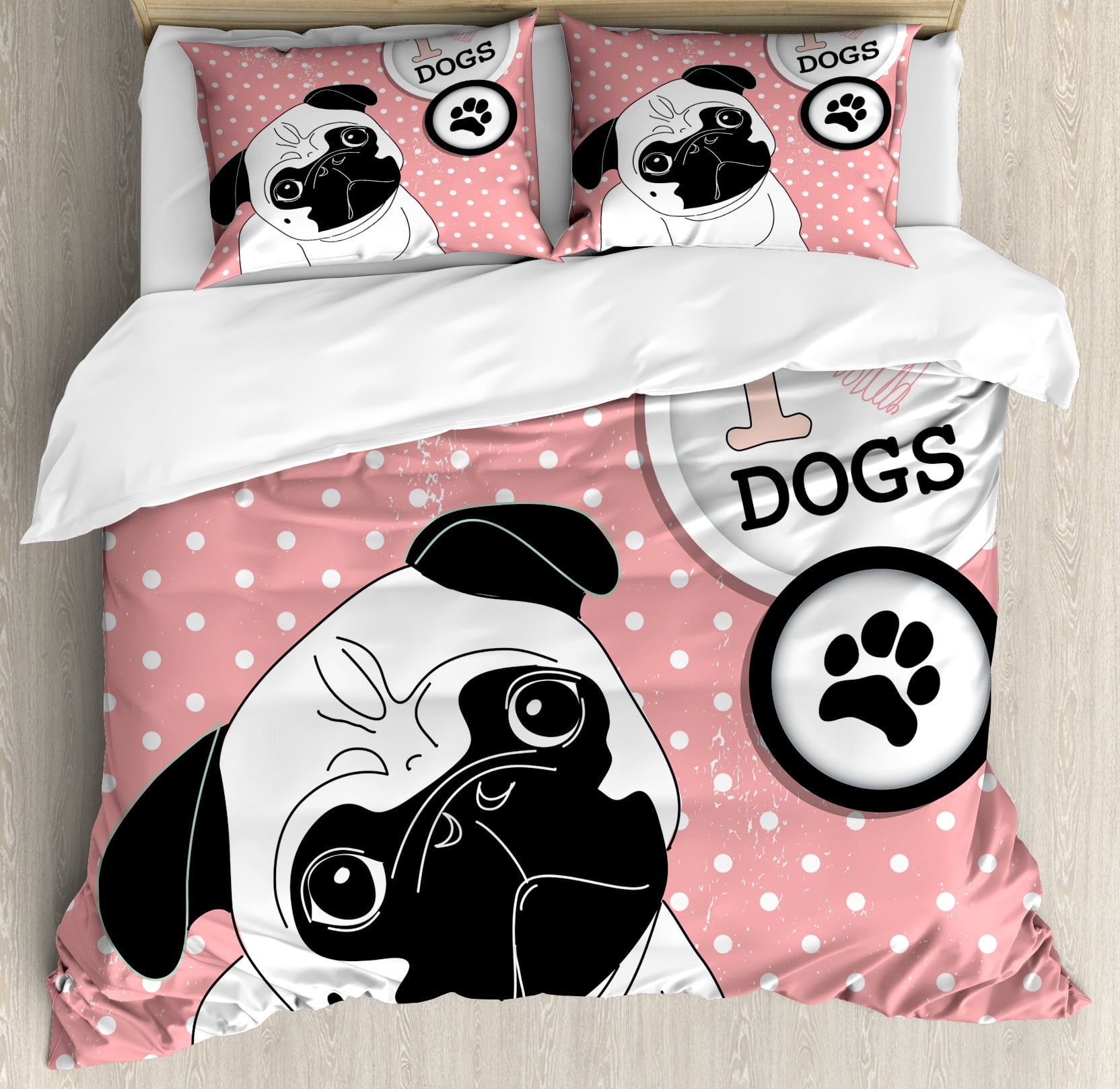 Pug Duvet Cover Set, I Love Dogs with a Paw Print Emblem Pug with ...