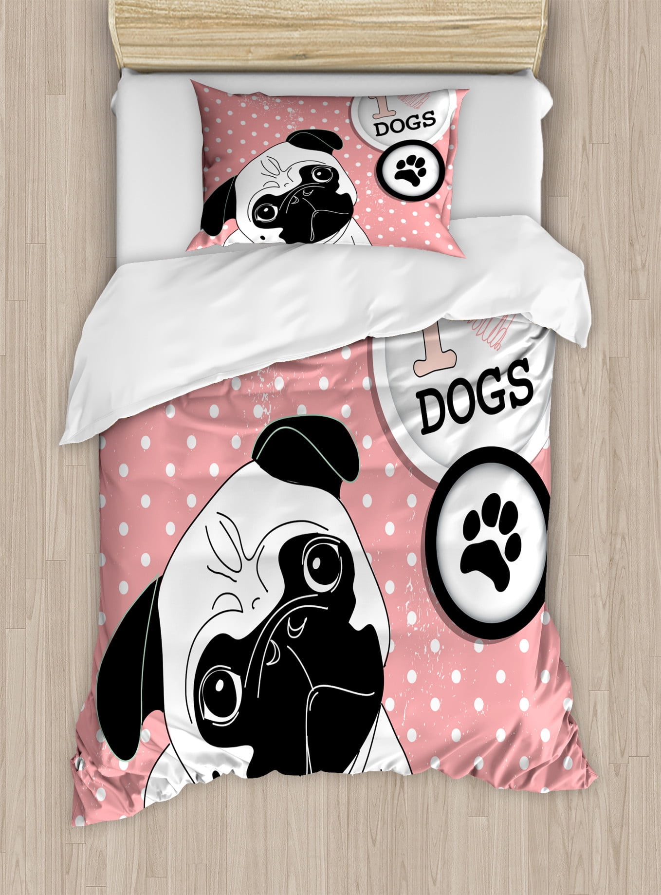 Pug Duvet Cover Set, I Love Dogs with a Paw Print Emblem Pug with ...
