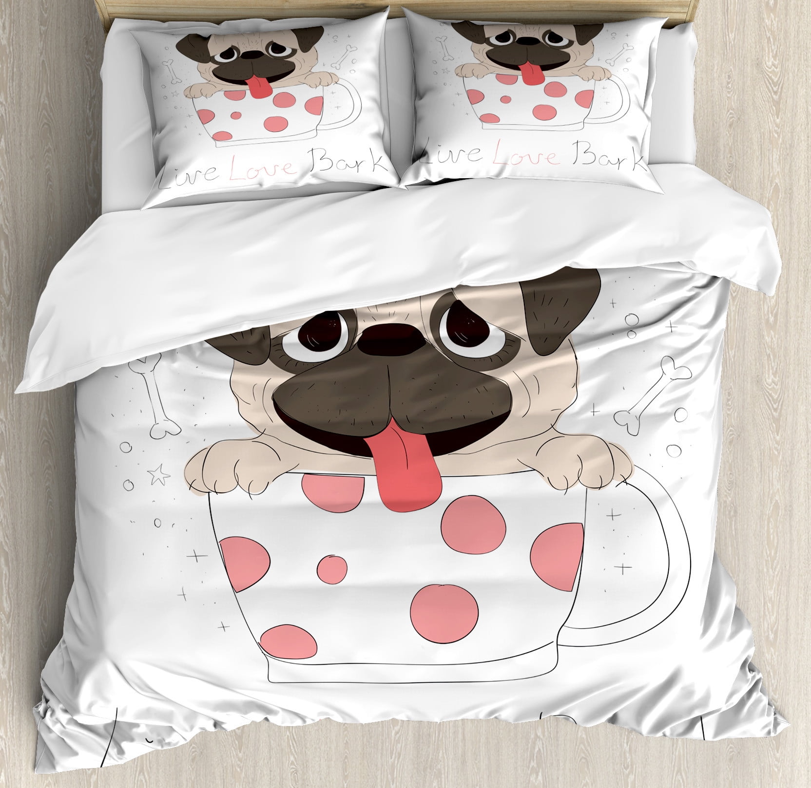 Pug Duvet Cover Set, Live Love Bark Words with a Puppy in a Tea Cup ...