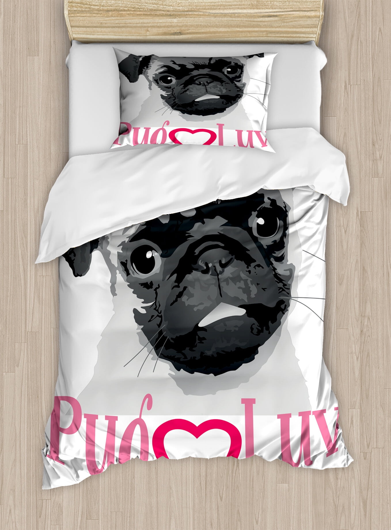 Pug Duvet Cover Set, Pug Love Image Grey Toned Drawing of a Dog Pet ...