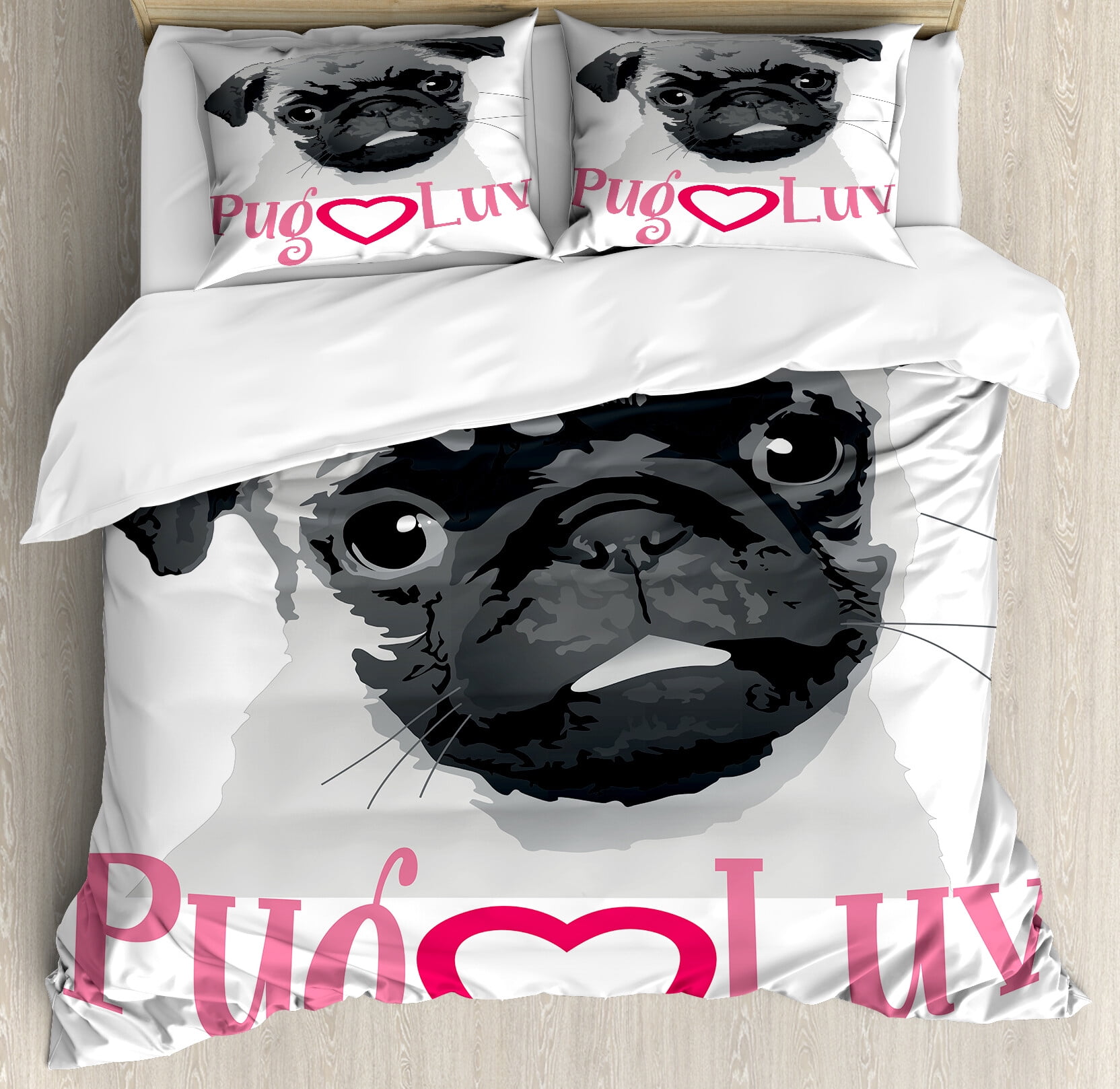 Pug Duvet Cover Set, Pug Love Image Grey Toned Drawing of a Dog Pet ...
