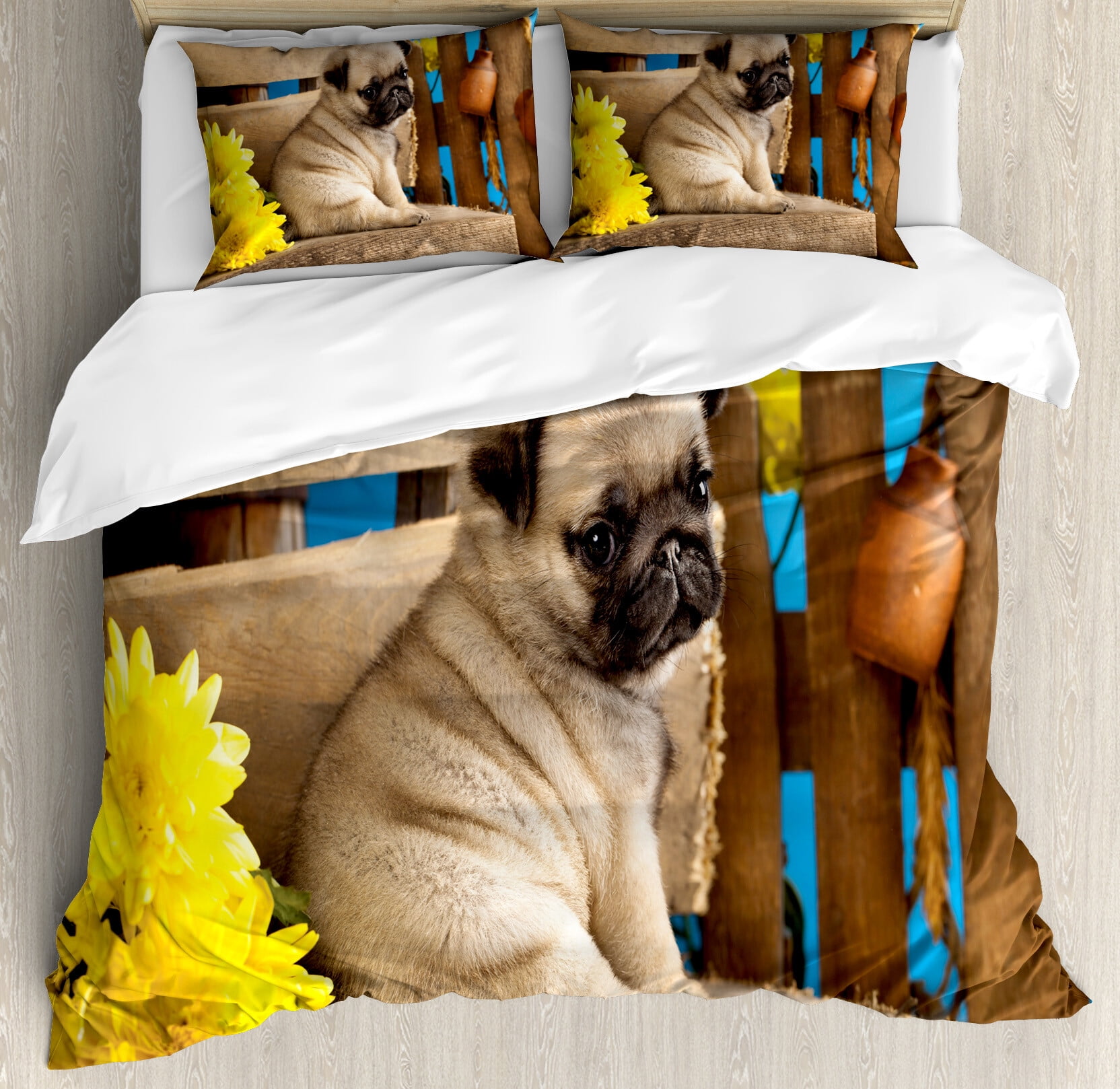 Pug Duvet Cover Set, Puppy Photography with Sad Dog and Wildflowers on ...