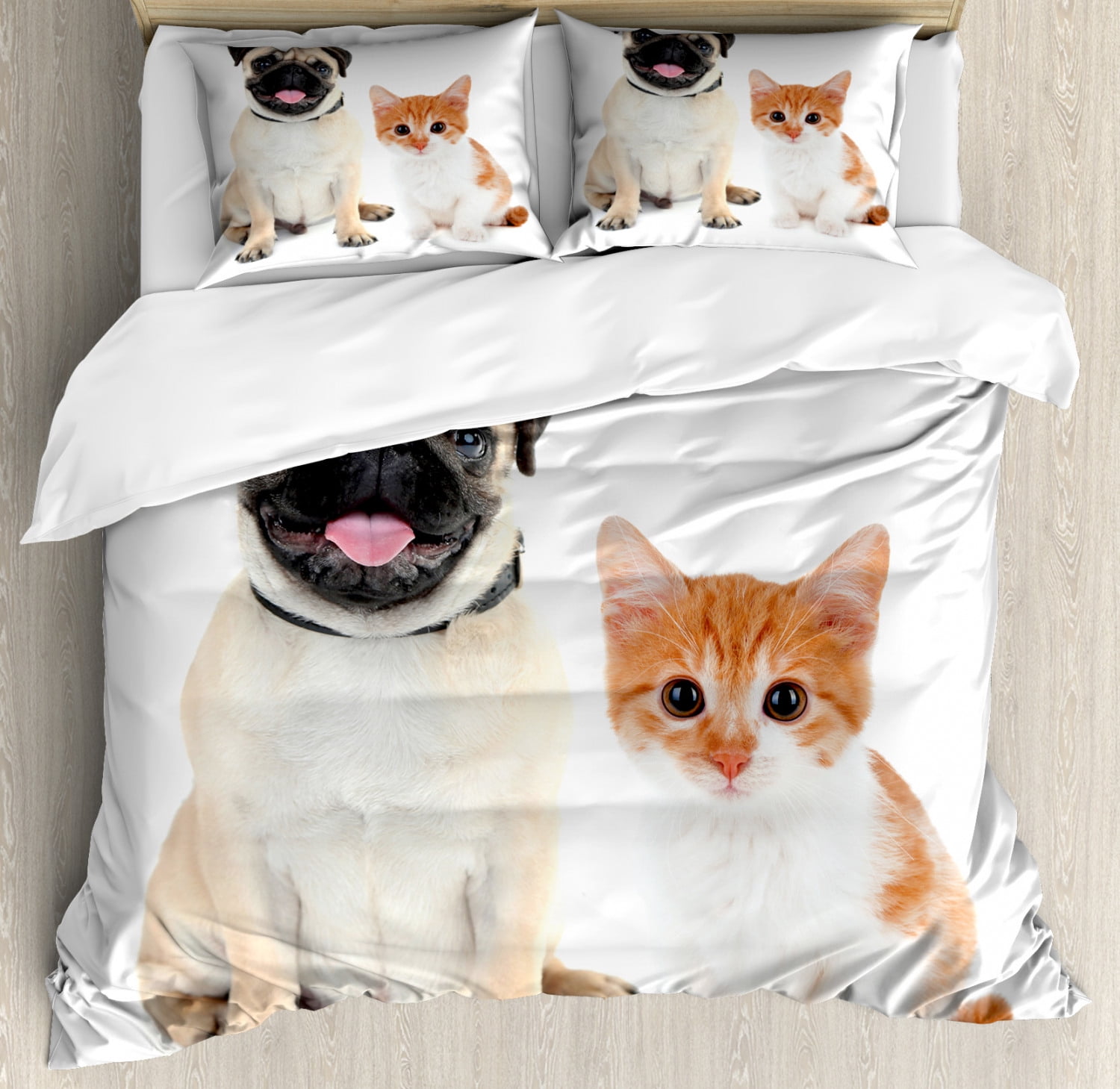 Pug Duvet Cover Set Queen Size, Adorable Kitten and Puppy Photography ...