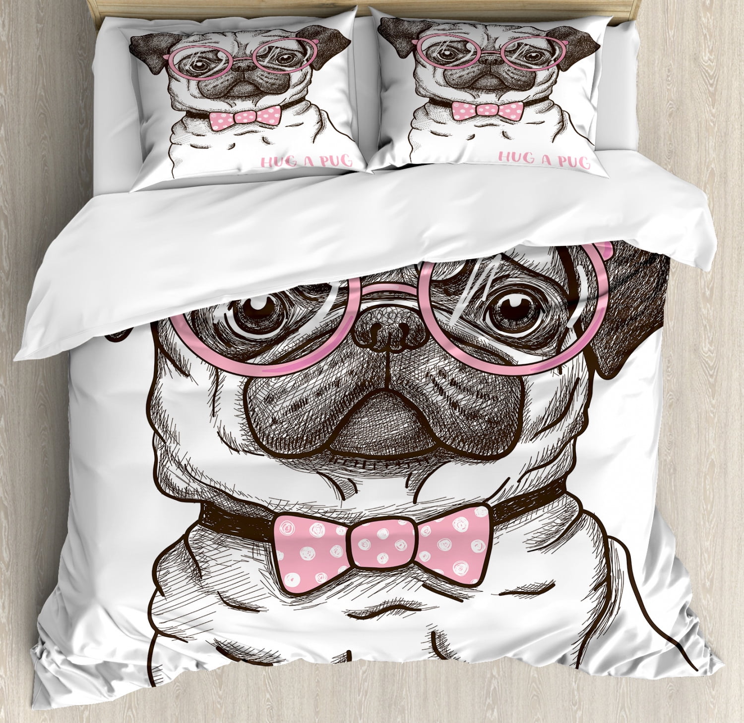 Pug Duvet Cover Set Queen Size, Cute Pet Dog with Pink Bow Tie ...