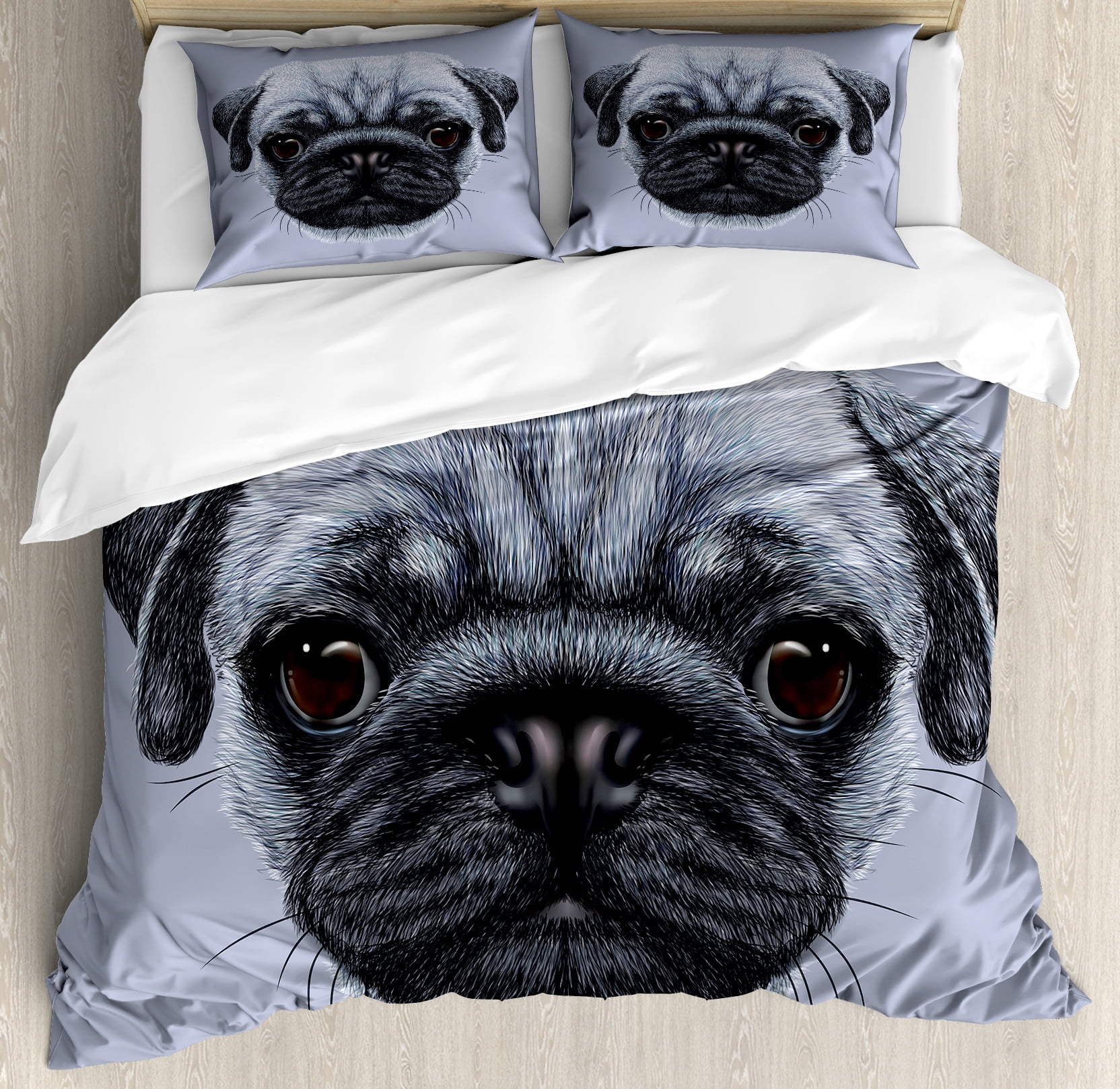 Pug Duvet Cover Set, Realistic Style Detailed Young Dog Giant Eyes Pure ...