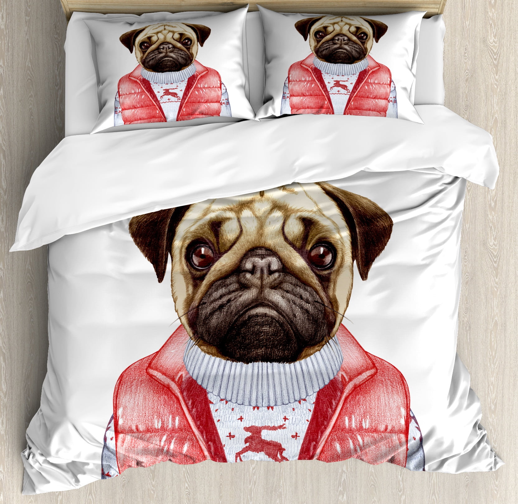 Pug Duvet Cover Set, Red Vest and Christmas Sweater on a Dog Hand Drawn ...