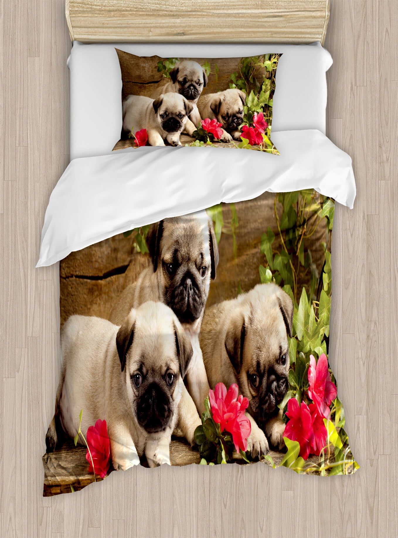 Pug Duvet Cover Set, Sibling Puppies with Floral Arrangement in Front ...