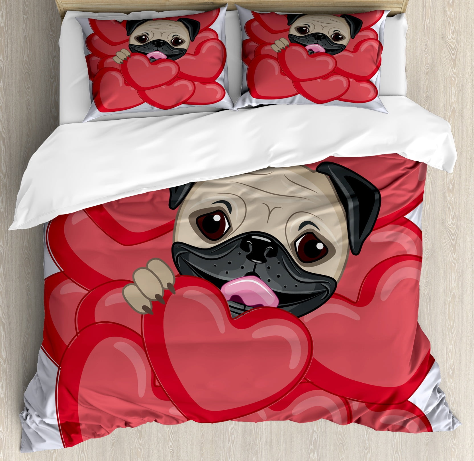 Pug Duvet Cover Set, Valentines Inspired Dog Drawing with Giant Hearts ...