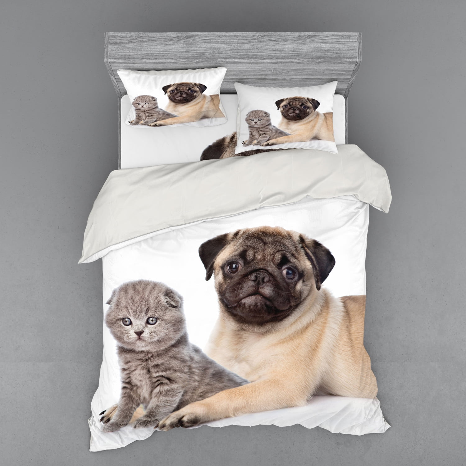 Pug Duvet Cover Set, Young Pets Kitten and Puppy Pug Scottish Fold ...