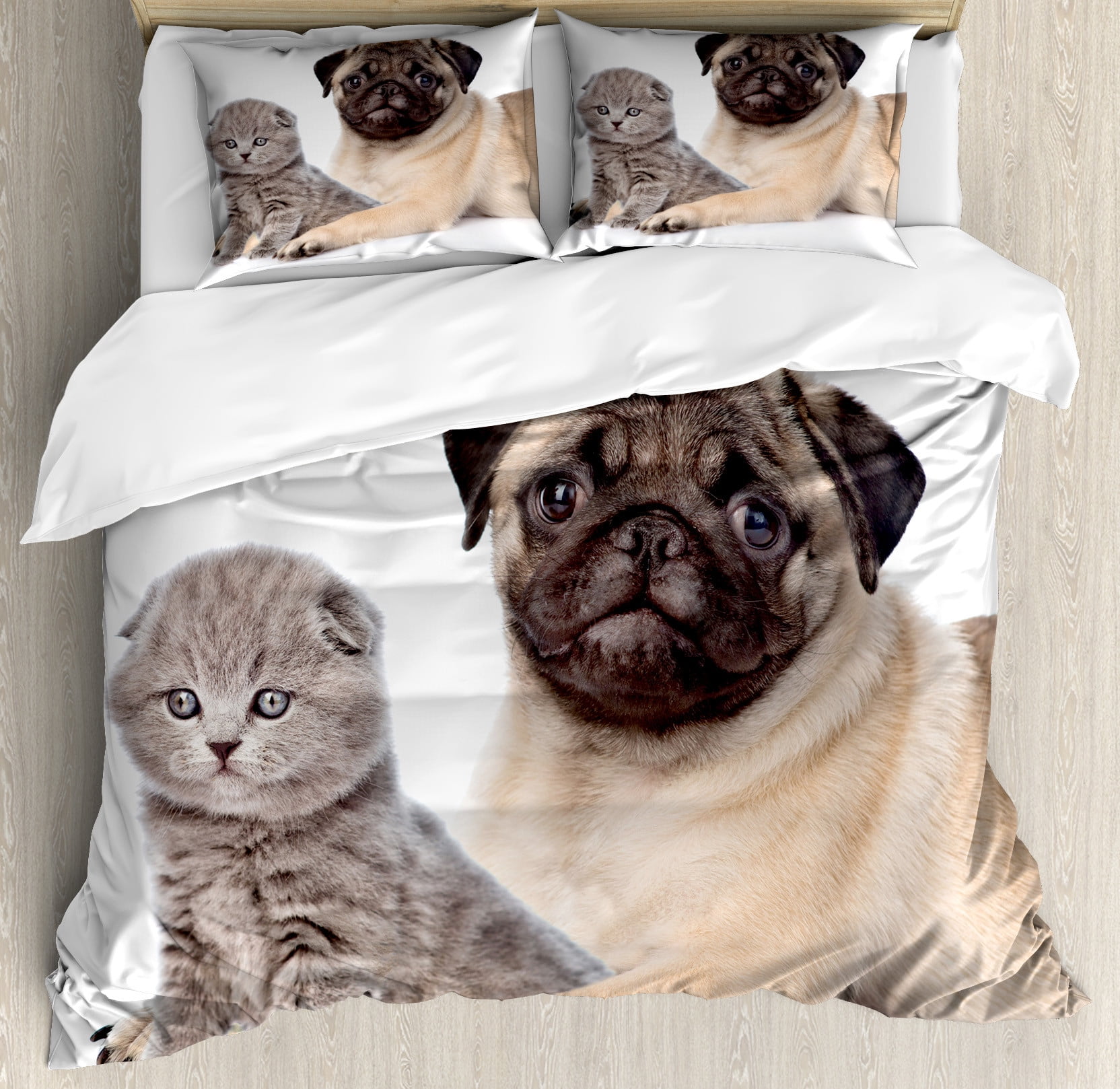Pug Duvet Cover Set, Young Pets Kitten and Puppy Pug Scottish Fold ...