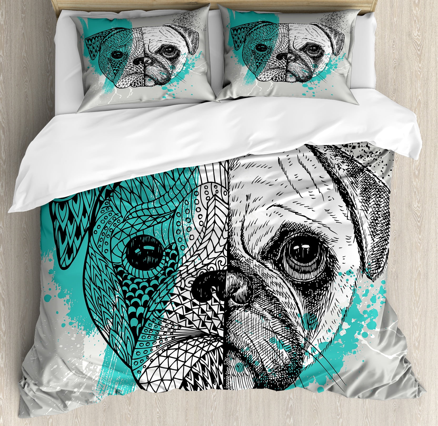 Pug Duvet Cover Sets, Hand Drawn Head of a Dog Blue Splashed Backdrop 2 ...