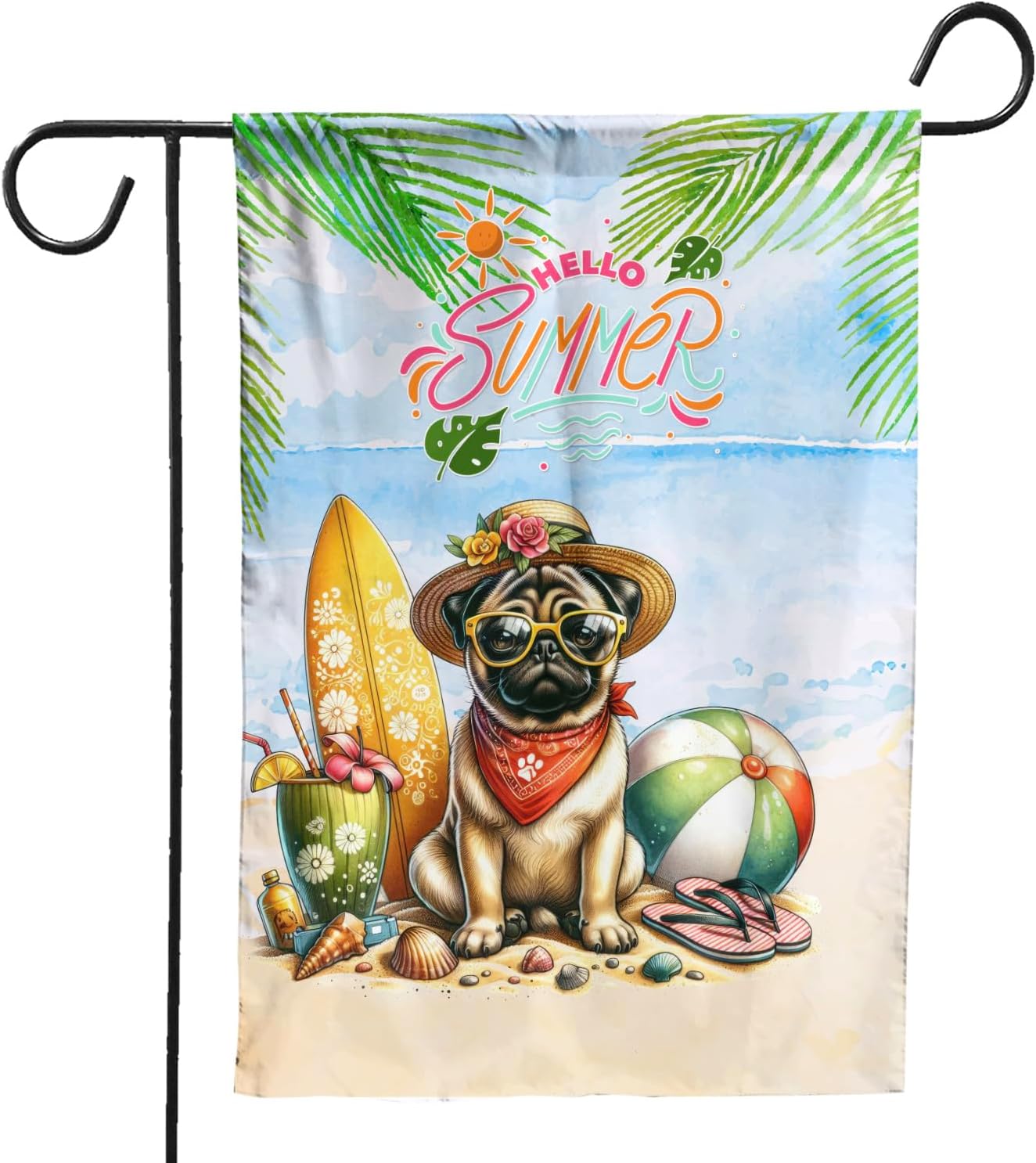 Pug Hello Summer with Sunglasses and Surfboard Tropical Vibes Garden ...
