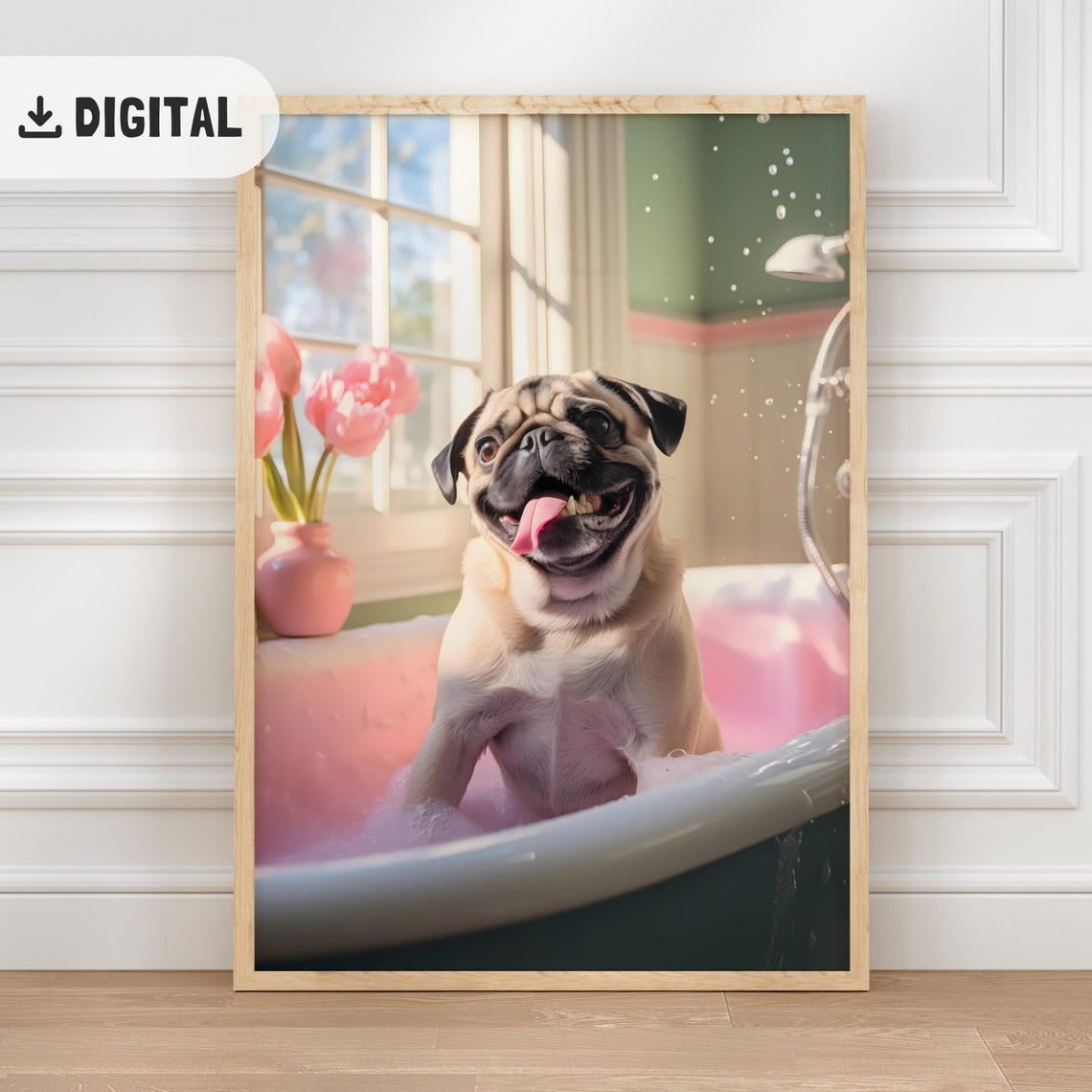 Pug In Pink Bubble Bath Art Poster: Bathroom Wall Decor, Wc Tet Poster ...