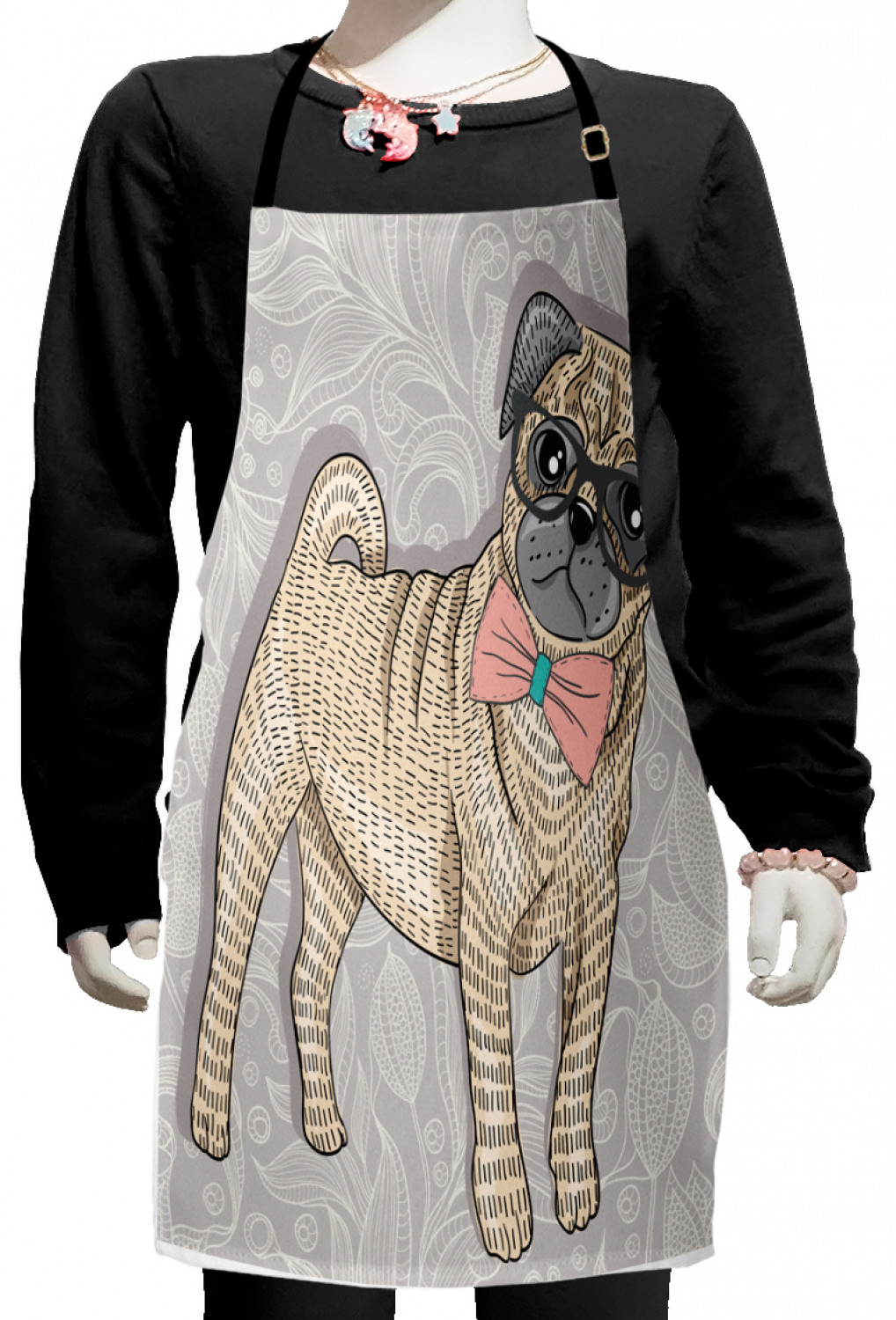 Pug Kids Apron, Hipster Pug with Nerdy Glasses and Bow Tie Cartoon ...