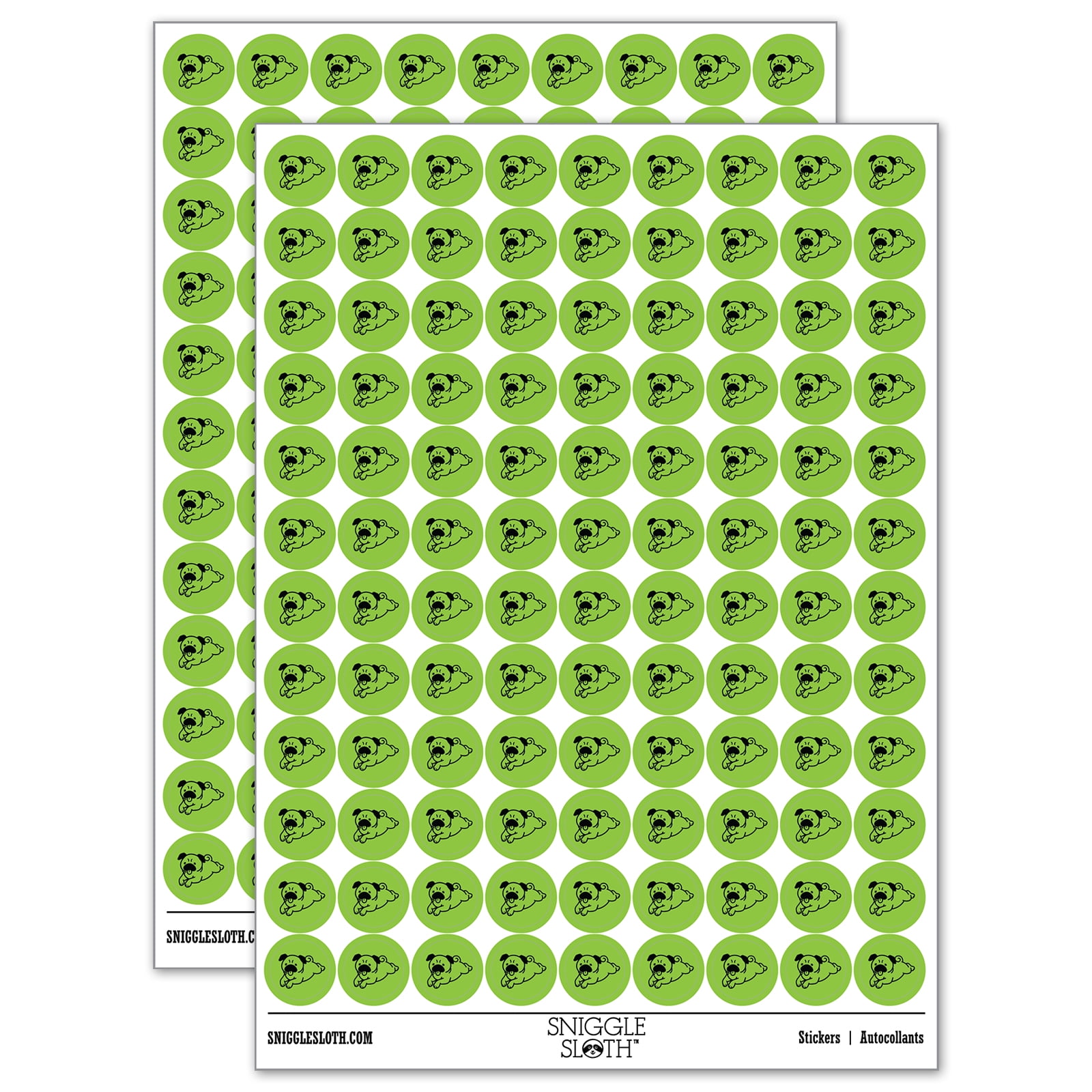 Pug Laying Down Dog 200+ Round Stickers - Light Green - Matte Finish ...