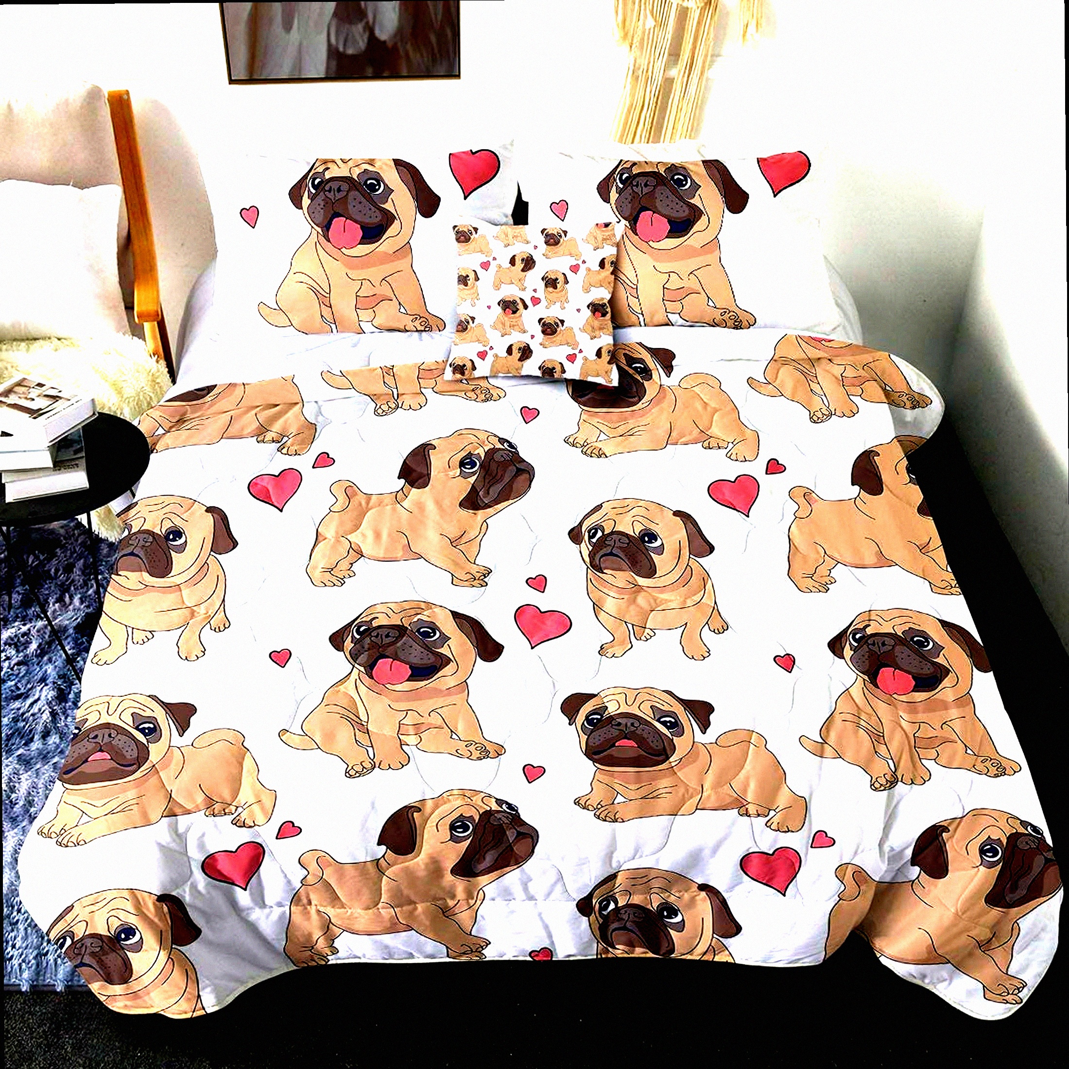 Puppy Love Heart 4-Piece Queen Size Quilt Set - Cute Dog Pattern, Pink ...