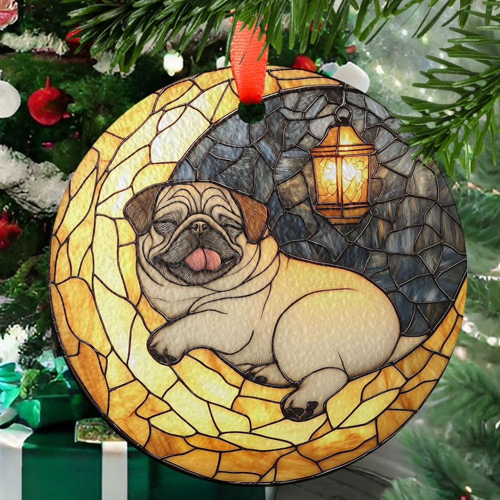 Pug on Moon Faux Ornament Suncatcher Cozy Dog and Lantern Night Scene ...