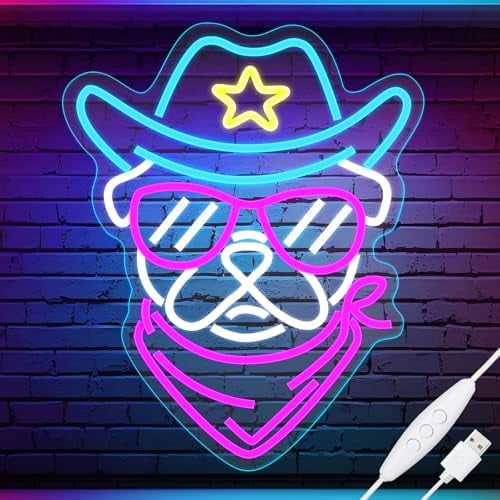 Pug Neon Sign Wall Decor Wearing Glasses Dog with Cowboy Hat LED Neon ...