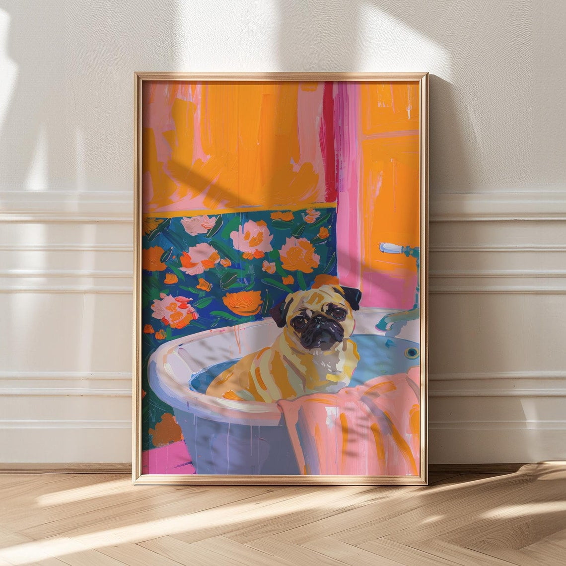 Pug Painting, Cute Pug Art, Maximalist Bathroom Decor, Trendy Dog Decor ...