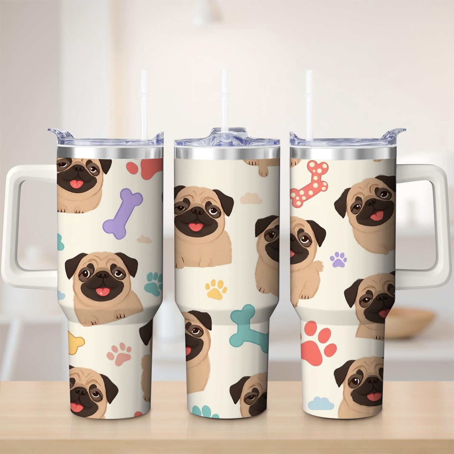 Pug Pattern Stainless Steel Insulated Mug with Lid and Handle, 30oz ...