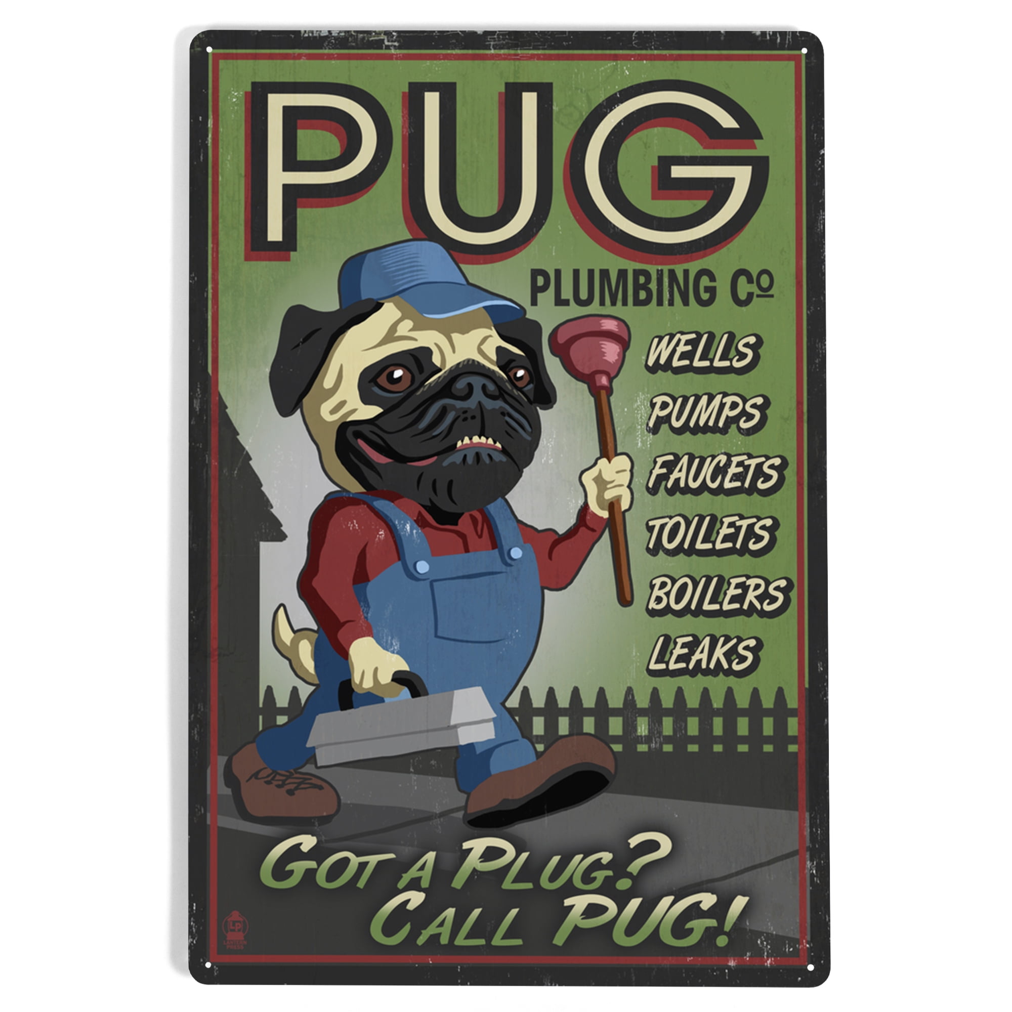 Pug, Retro Plumbing Ad (12x18 Aluminum Art, Indoor Outdoor Metal Sign ...