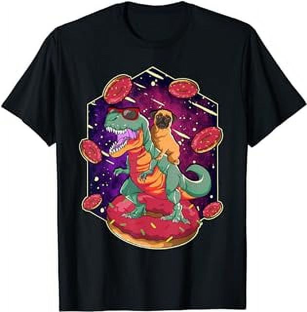 Pug Riding Dino With Glasses in Space on a Donut Funny Kids T-Shirt ...