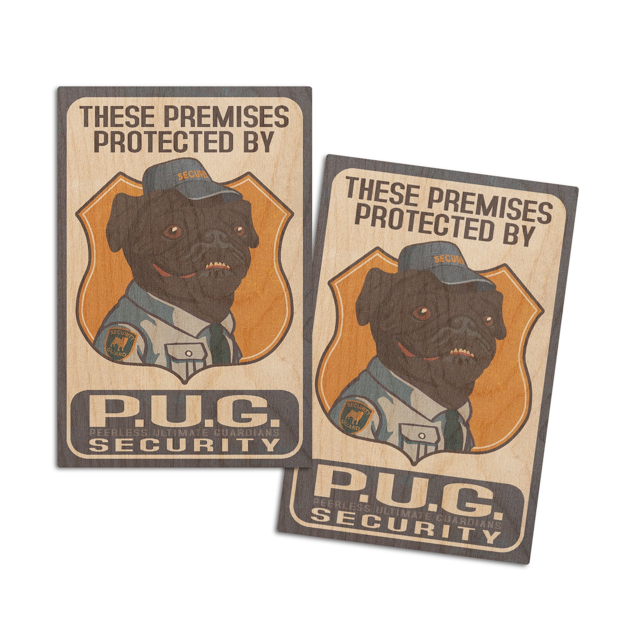 Pug Security, Black, Dog Sign (4x6 Birch Wood Postcards, 2-Pack ...
