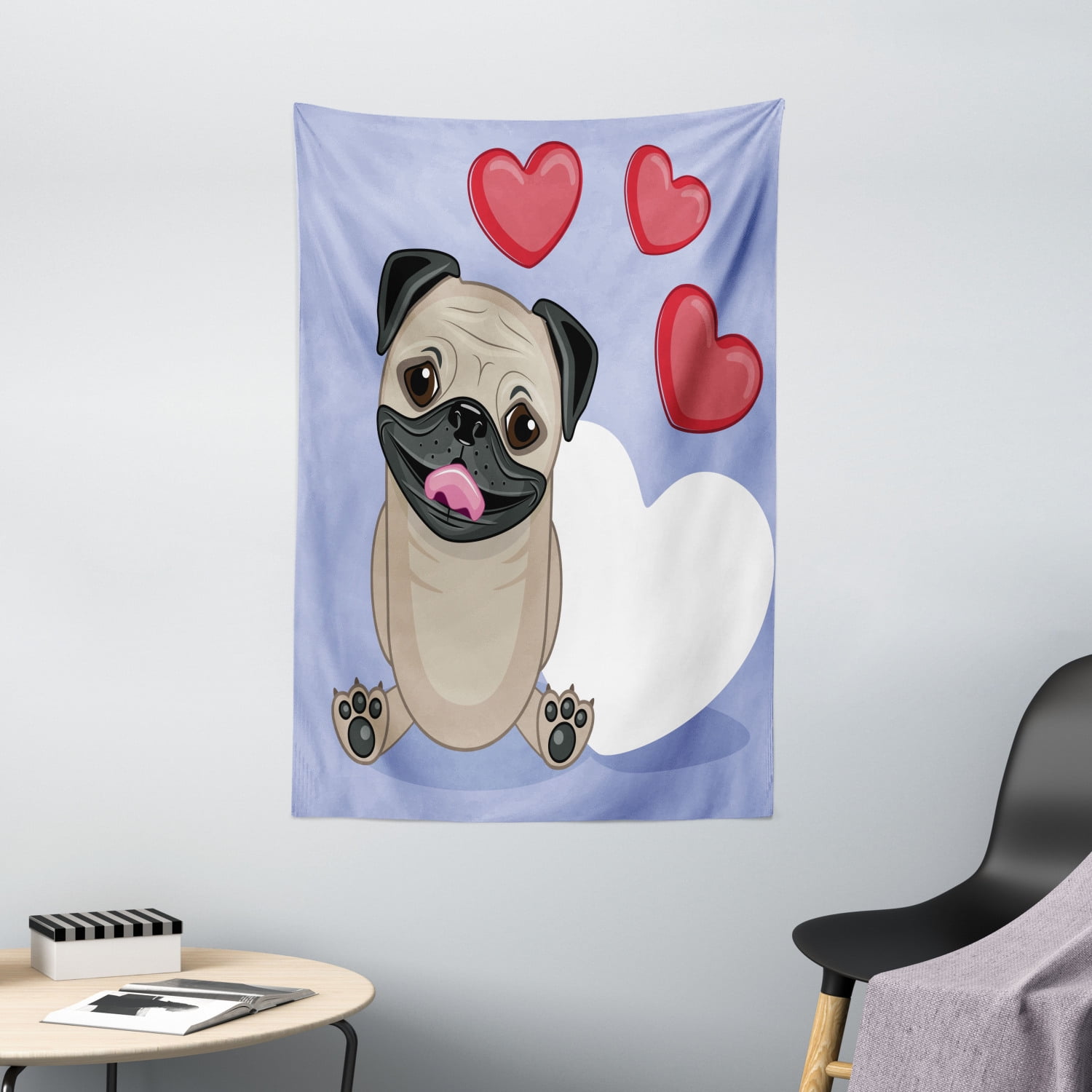 Pug Tapestry, Happy Cute Dog Licking Its Lips with Three Red and One ...