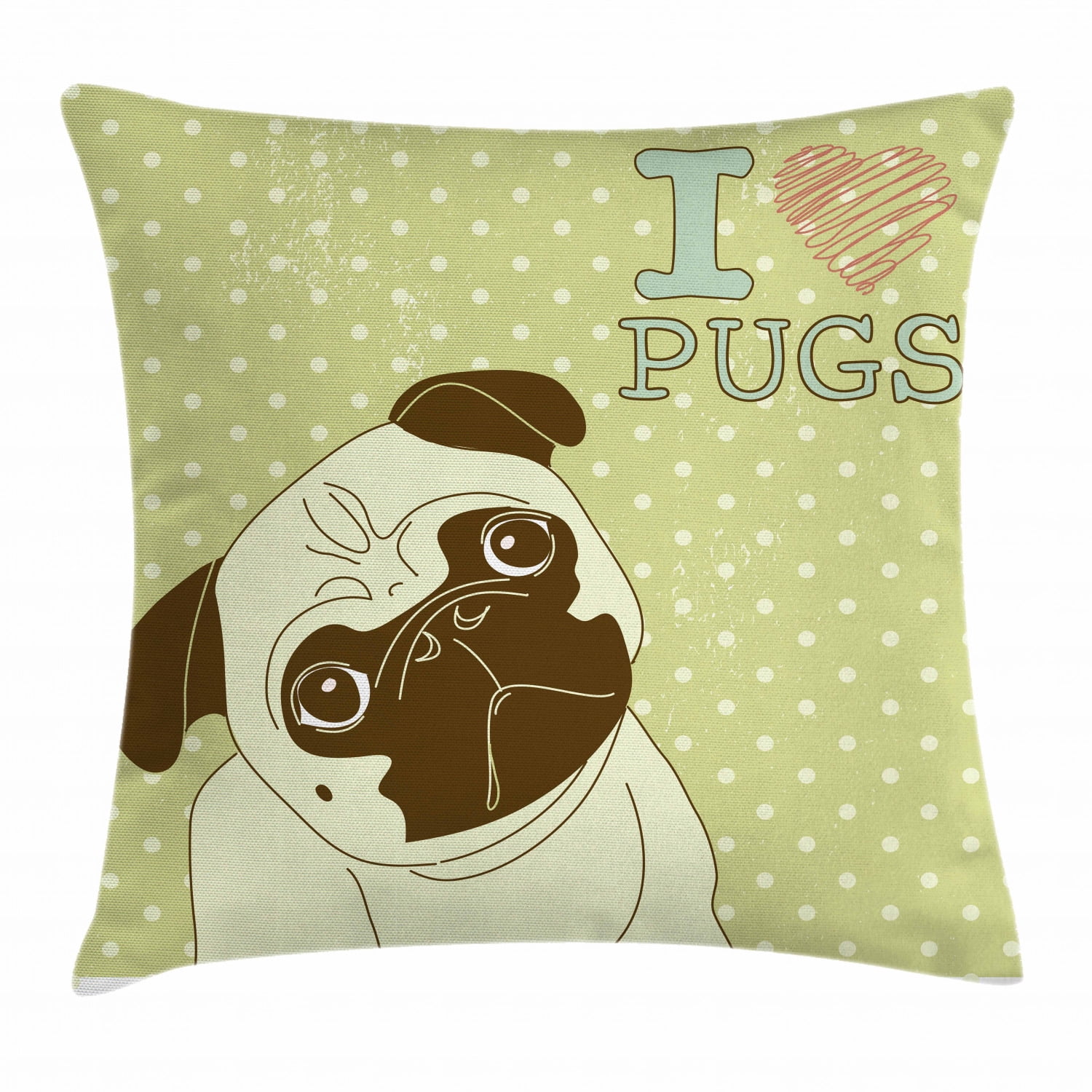 Pug Throw Pillow Cushion Cover, Cute Little Dog with Tilted Head with Lovely Expression I Love ...