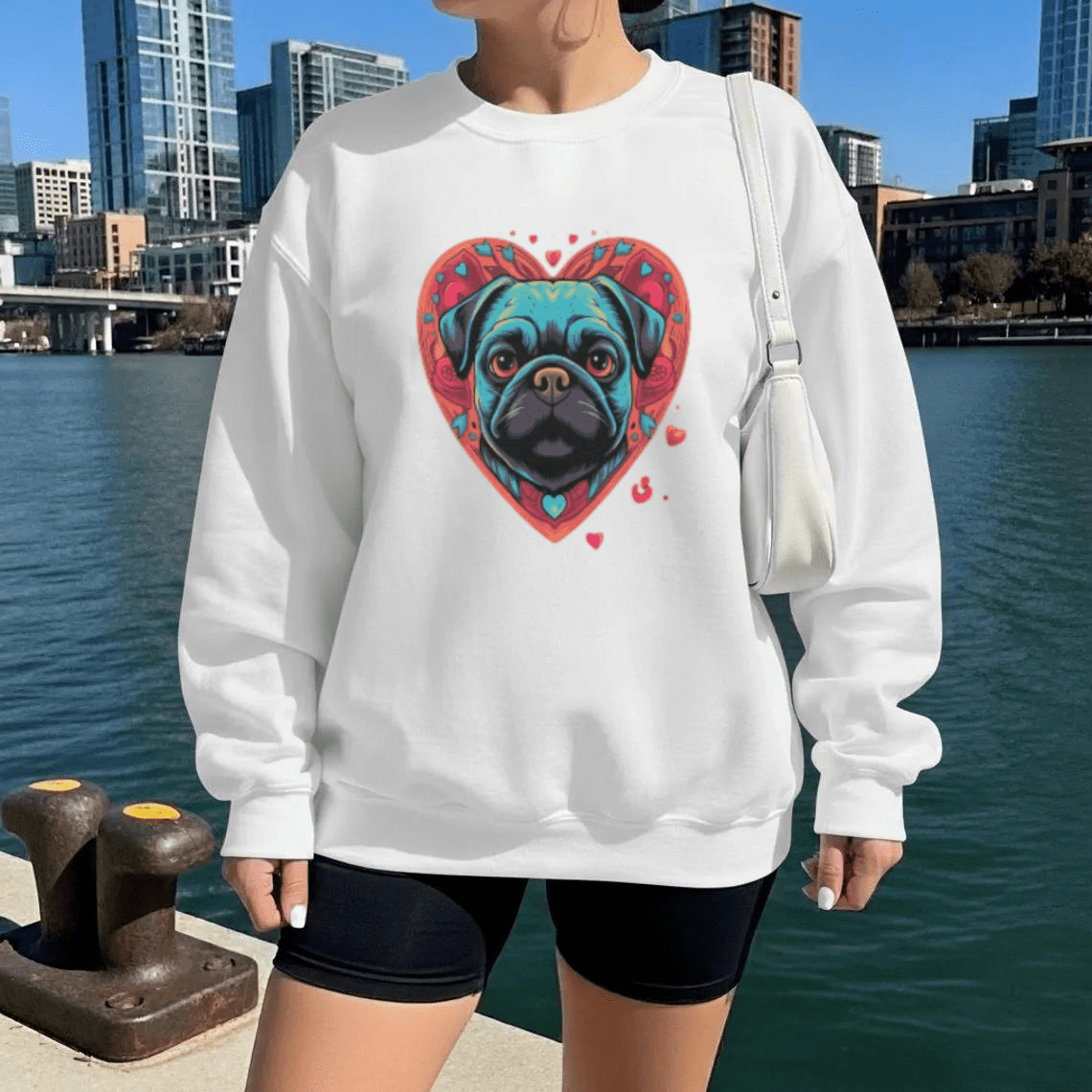 Pug Valentine Cute Dog Heart Love Romantic Holiday Gift Art Sweatshirt ...