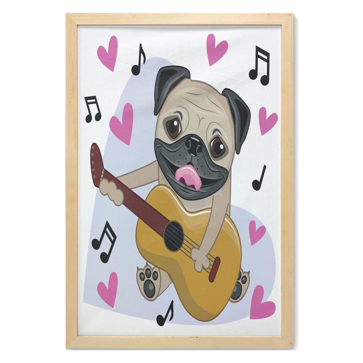 Pug Wall Art with Frame, Pug Dog Playing Guitar Singing with Pink ...