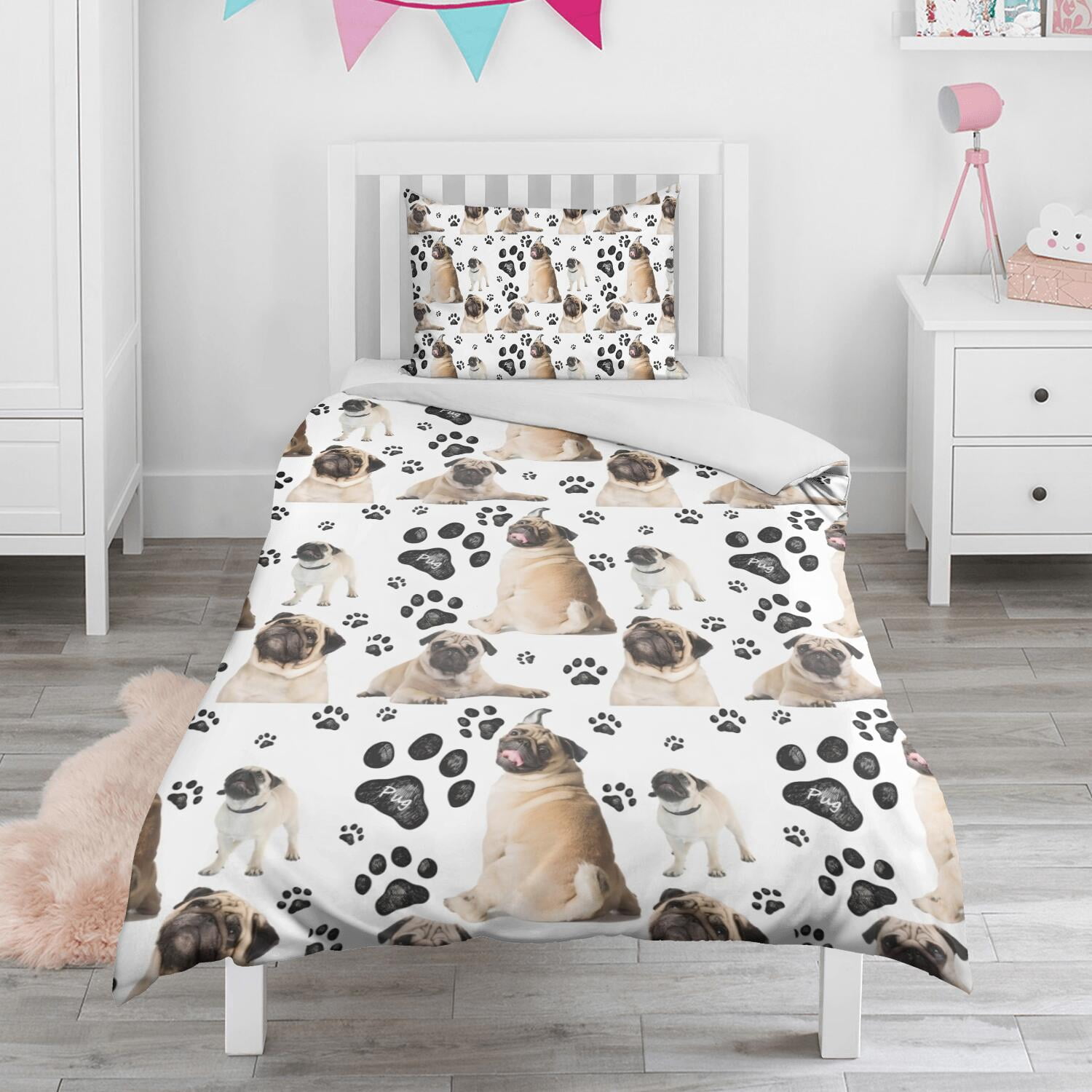 Pug and Footprints Duvet Cover and Pillowcase Set for Single Bedding ...